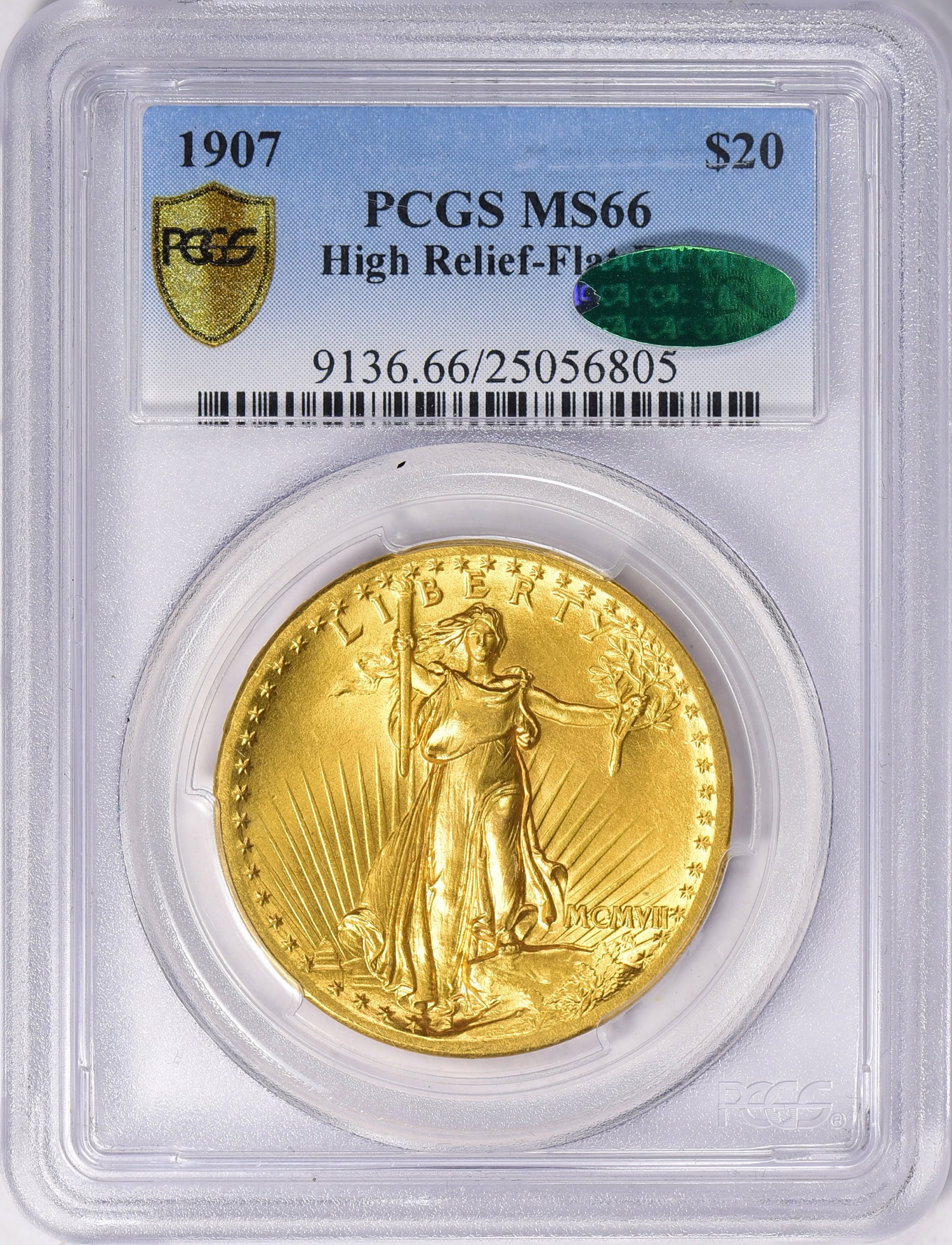 1907 Saint-Gaudens Gold Double Eagle MCMVII. High Relief, Flat Edge PCGS MS-66 (CAC Green) (Item ...
