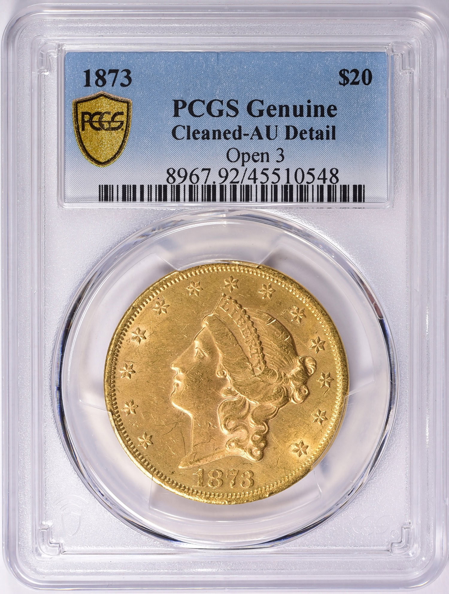 1873 Liberty Gold Double Eagle Open 3 PCGS Genuine AU Details (Item 1201937) | GreatCollections ...