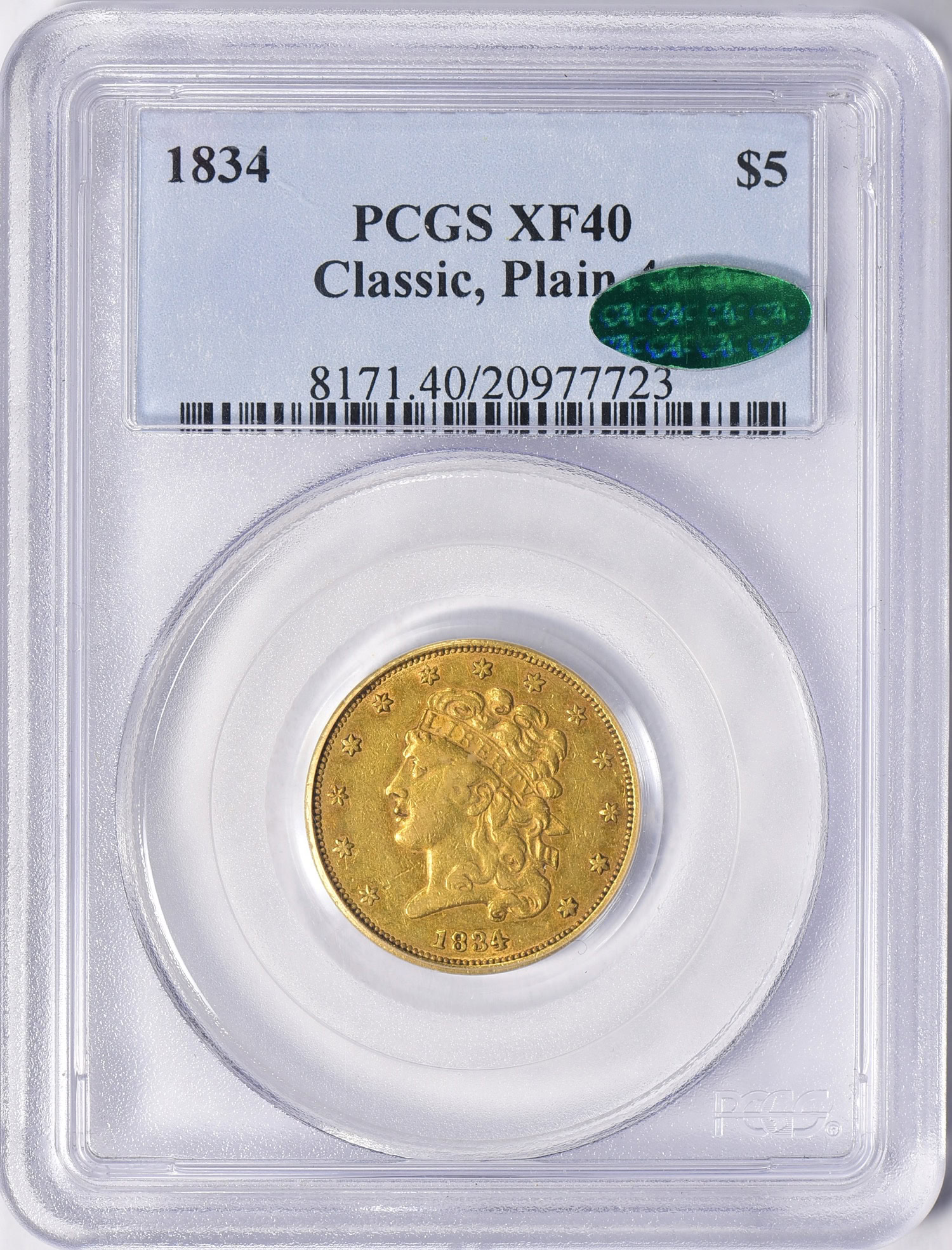 1834 Classic Gold Half Eagle Plain 4 PCGS XF-40 (CAC Green) (Item 1224295) | GreatCollections ...