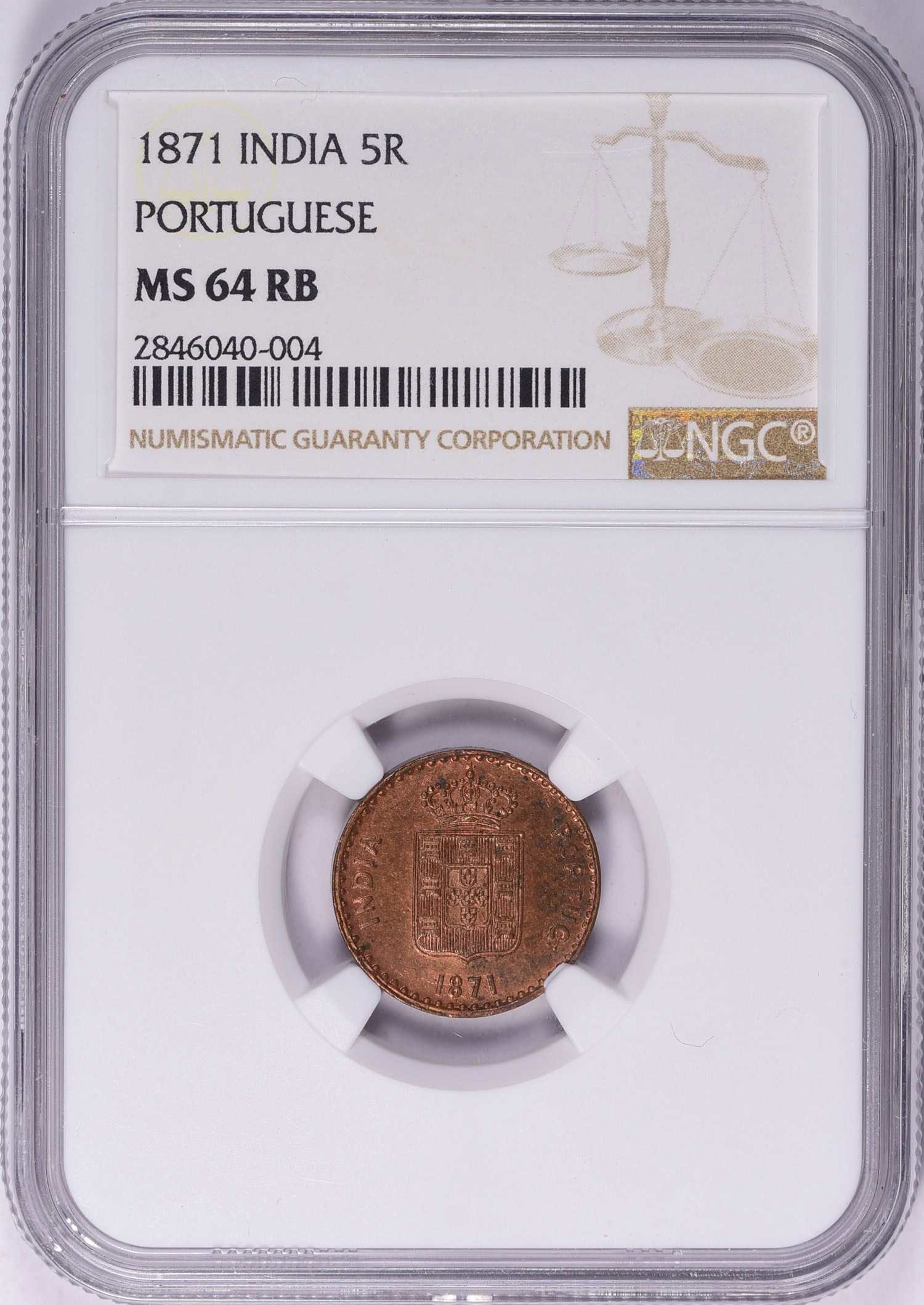 India 1871 5 Reis KM-302 NGC MS-64 RB | NGC Cert #2846040-004 ...