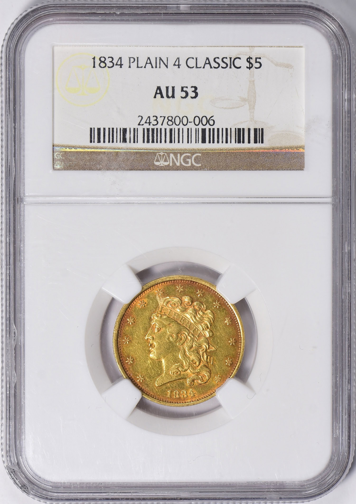 1834 Classic Gold Half Eagle Plain 4 NGC AU-53 (Item 1274103) | GreatCollections Coin Auctions