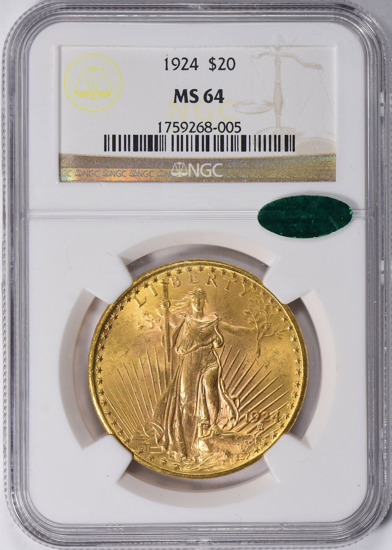 1924 Saint-Gaudens Gold Double Eagle NGC MS-64 (CAC Green) (Item 1277470) | GreatCollections ...