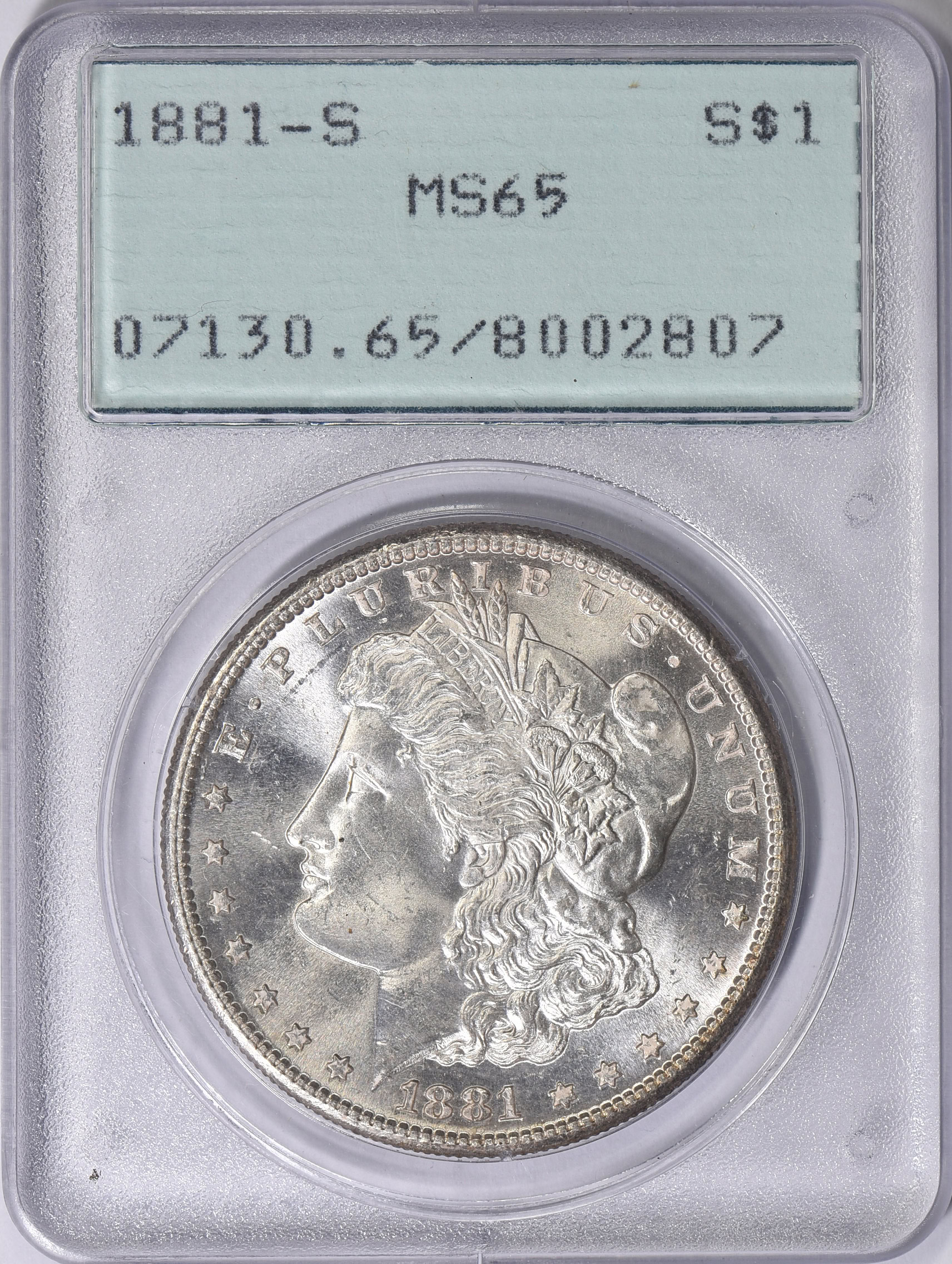 1881-S Morgan Silver Dollar PCGS MS-65 OGH (1st Gen) (Item 1289602) | GreatCollections Coin Auctions