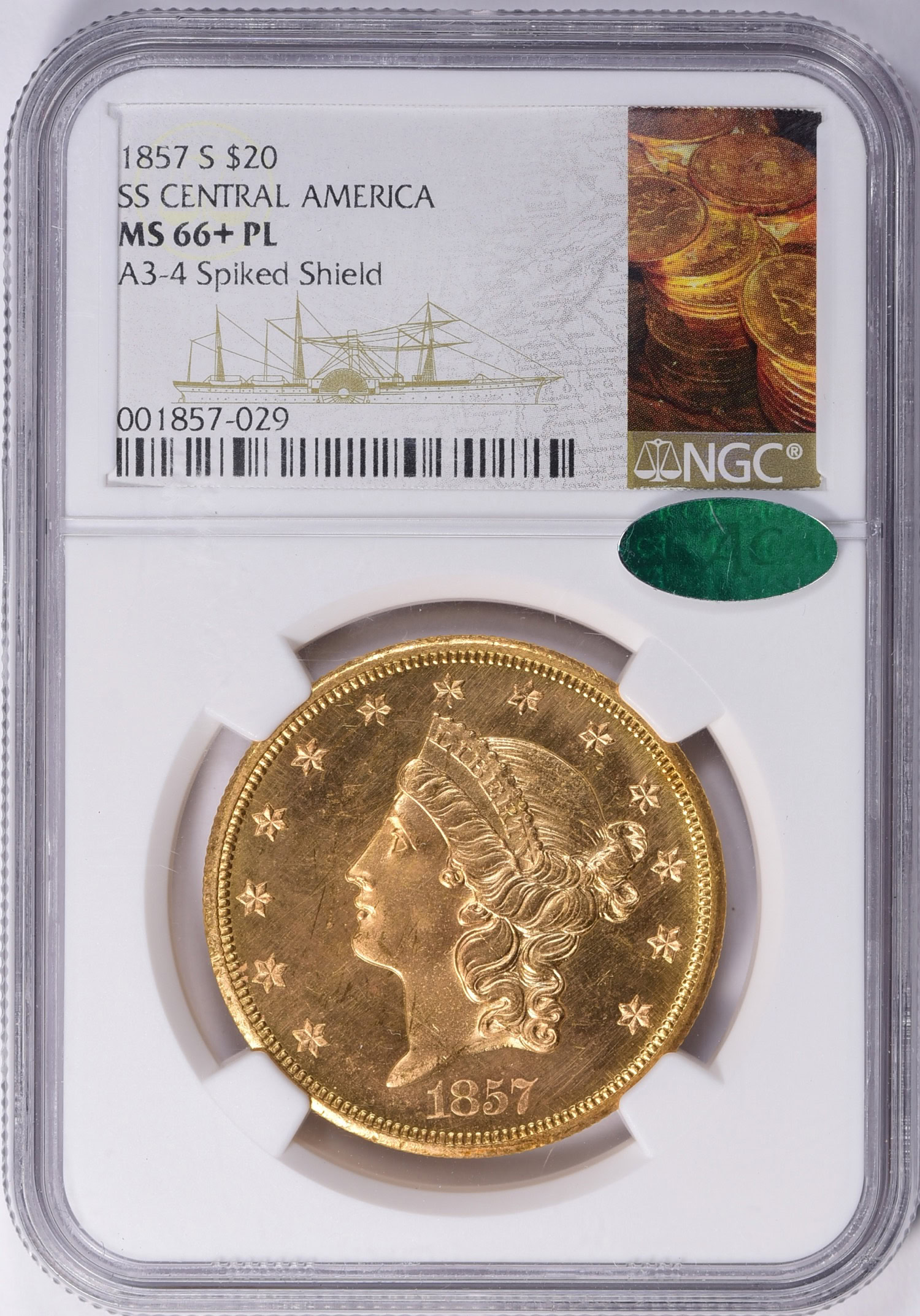 1857-S Liberty Gold Double Eagle A3-4 Spiked Shield Shipwreck S.S. Central America NGC MS-66+ PL ...