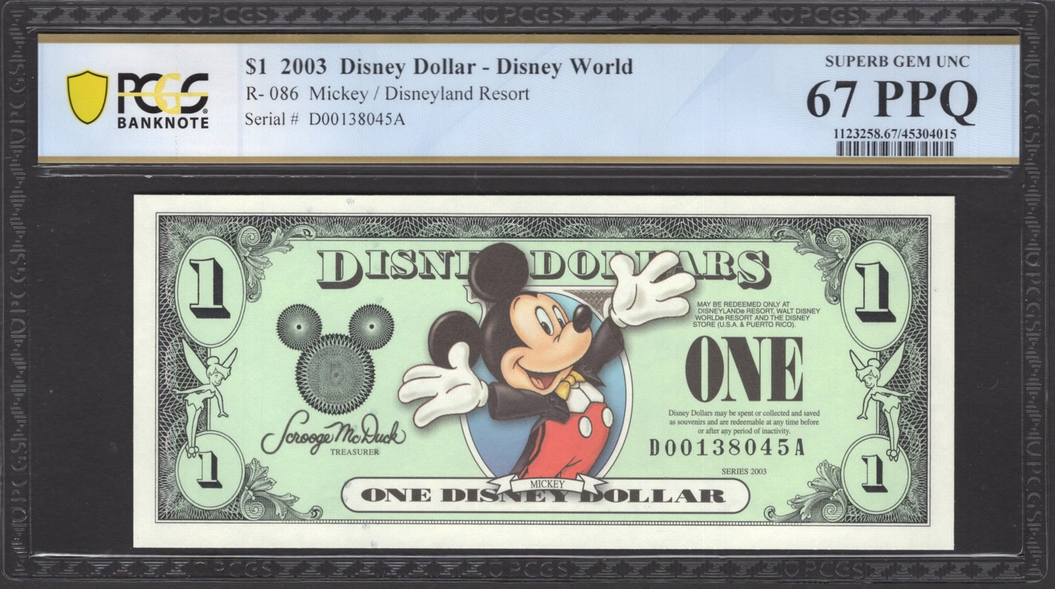 2003 (DA Block) $1 Disney World Disney Dollar Note PCGS Banknote Superb ...