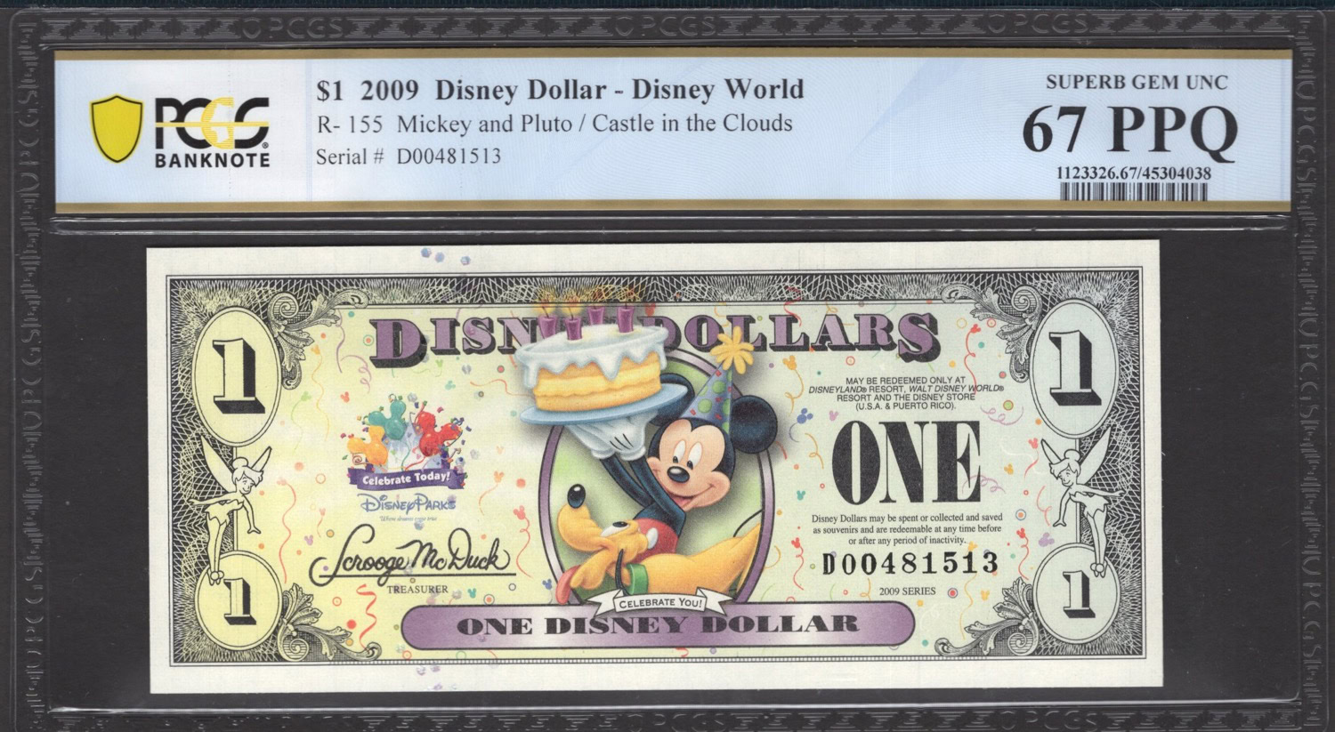 2009 $1 Disney World Disney Dollar Note Mickey & Pluto / Cinderella's ...