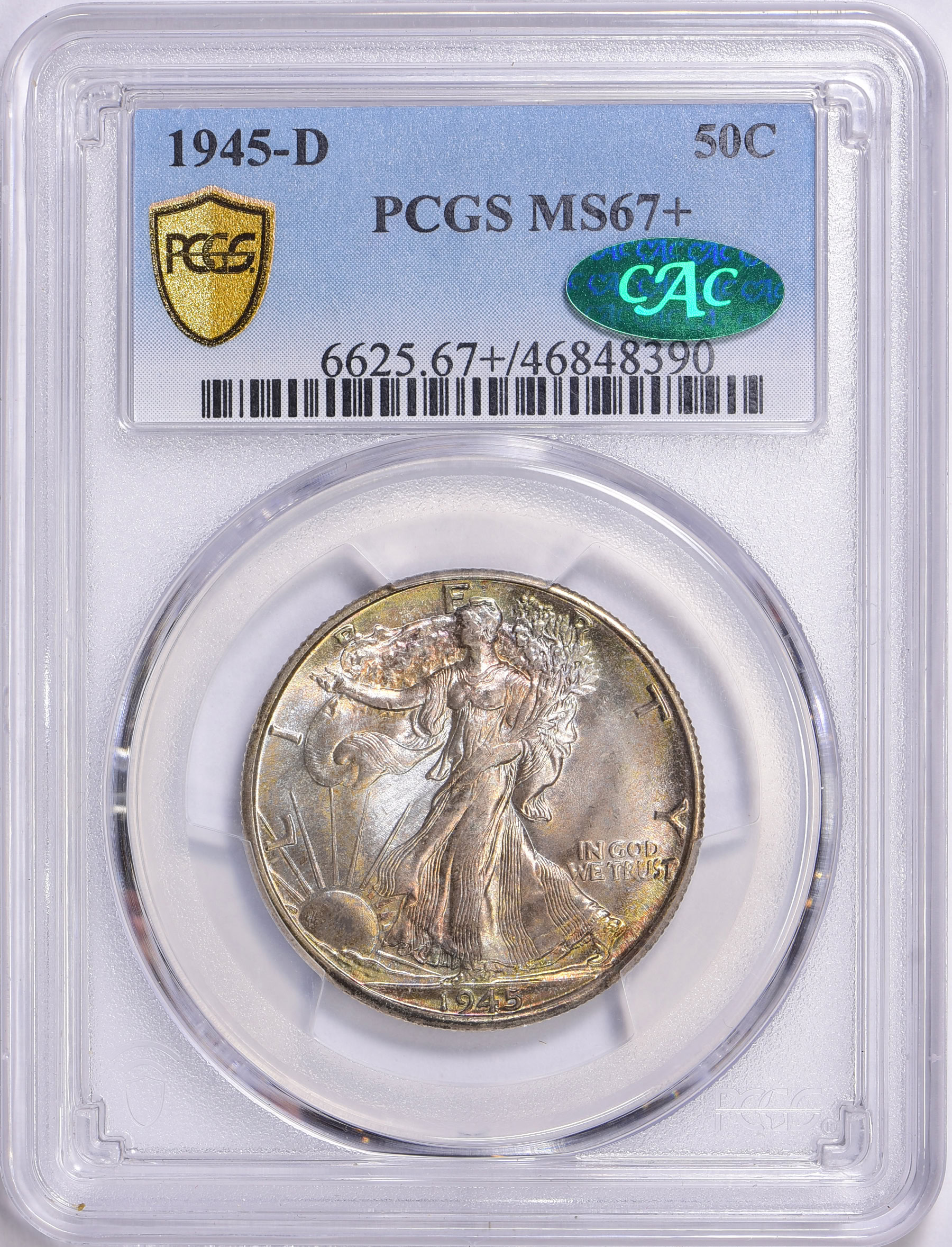 1945-D Walking Liberty Half Dollar PCGS MS-67+ (CAC Green) (Toned) (Item 1308263 ...