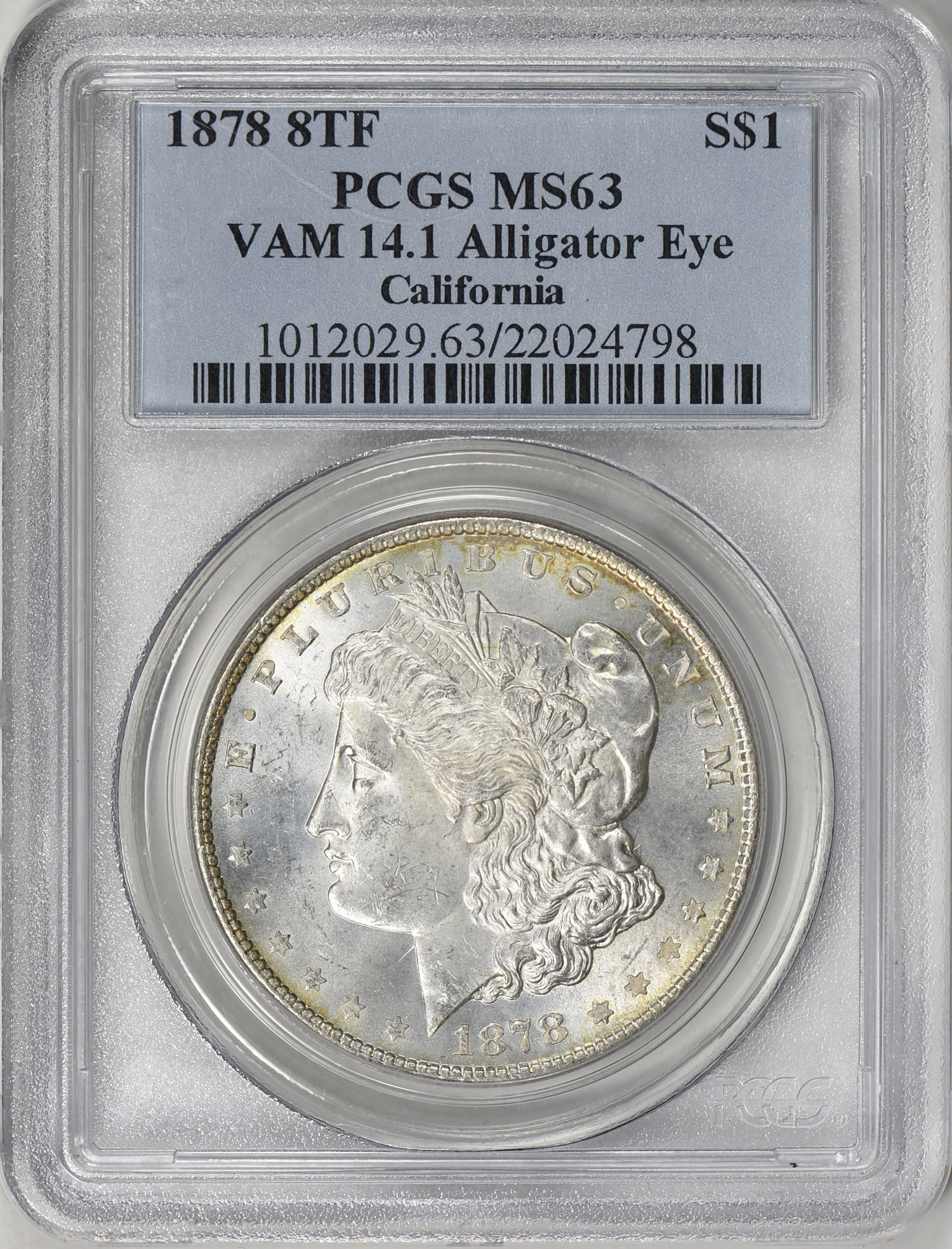 1878 Morgan Silver Dollar 8 Tailfeathers VAM-14.1 Alligator Eye PCGS MS-63 (California ...