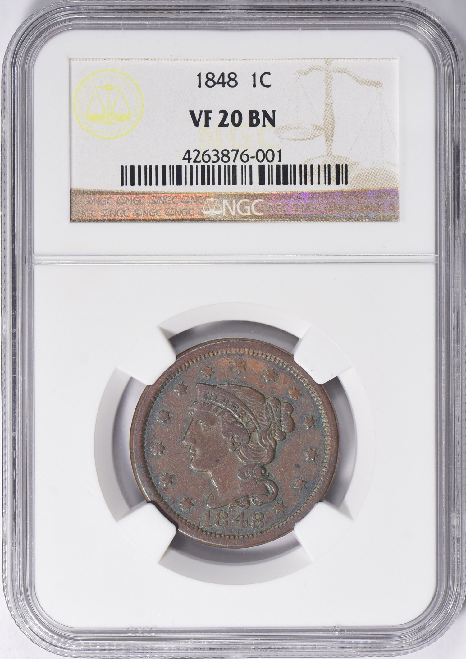 1848 Braided Hair Cent NGC VF-20 BN (Toned) (Item 1325111) | GreatCollections Coin Auctions
