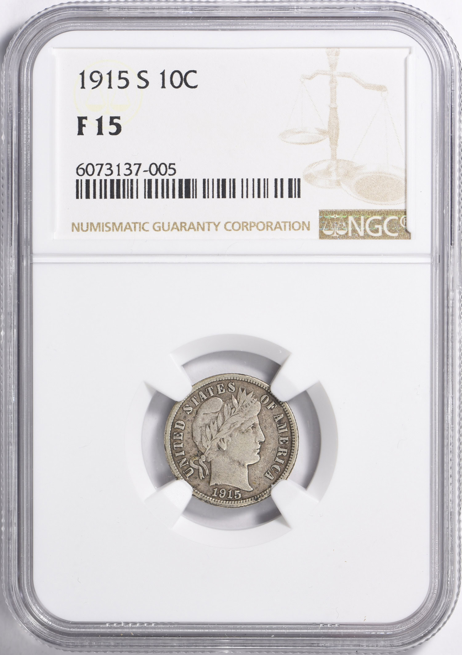 1915-S Barber Dime NGC F-15 (Item 1360484) | GreatCollections Coin Auctions