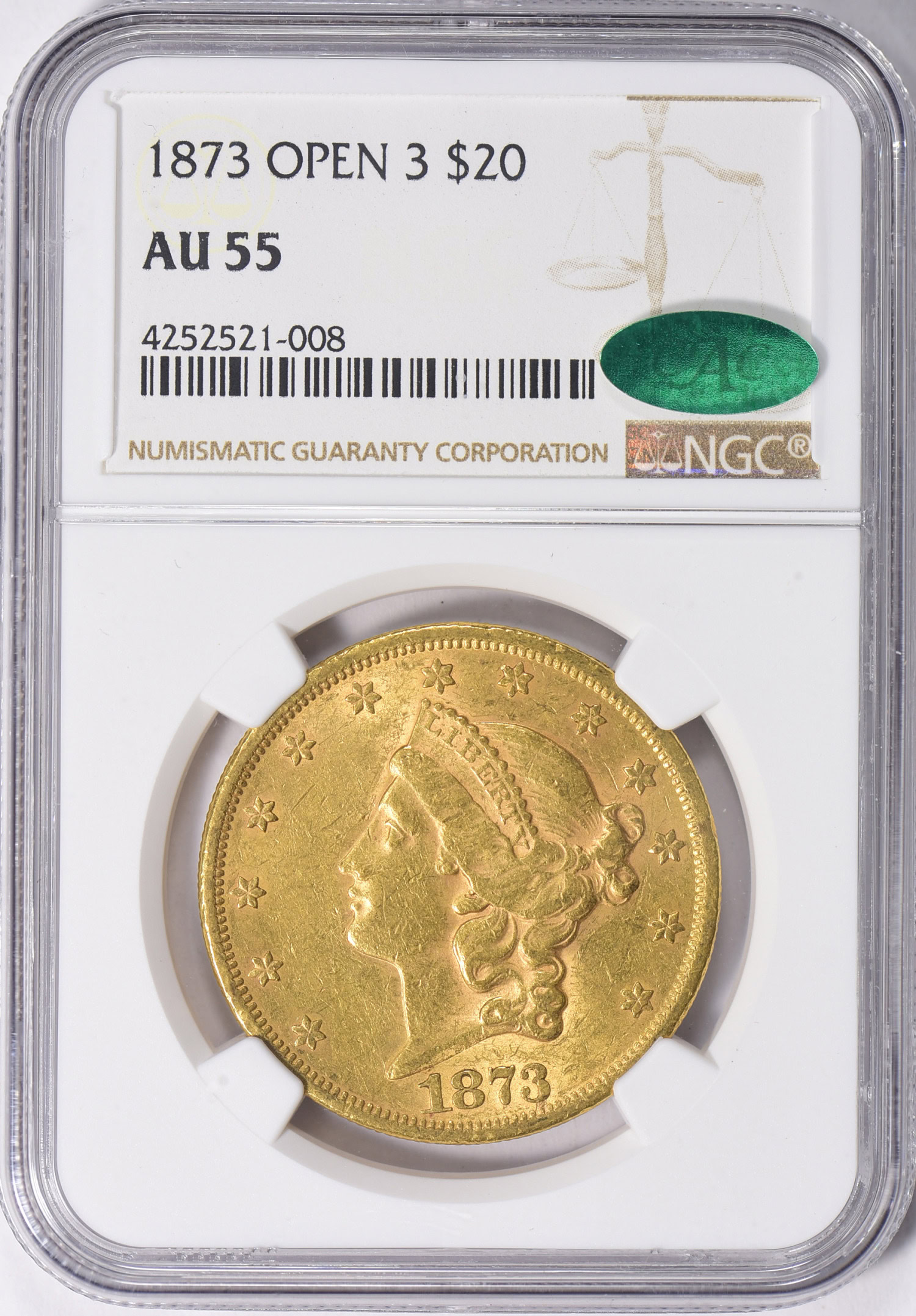 1873 Liberty Gold Double Eagle Open 3 NGC AU-55 (CAC Green) (Item 1364510) | GreatCollections ...