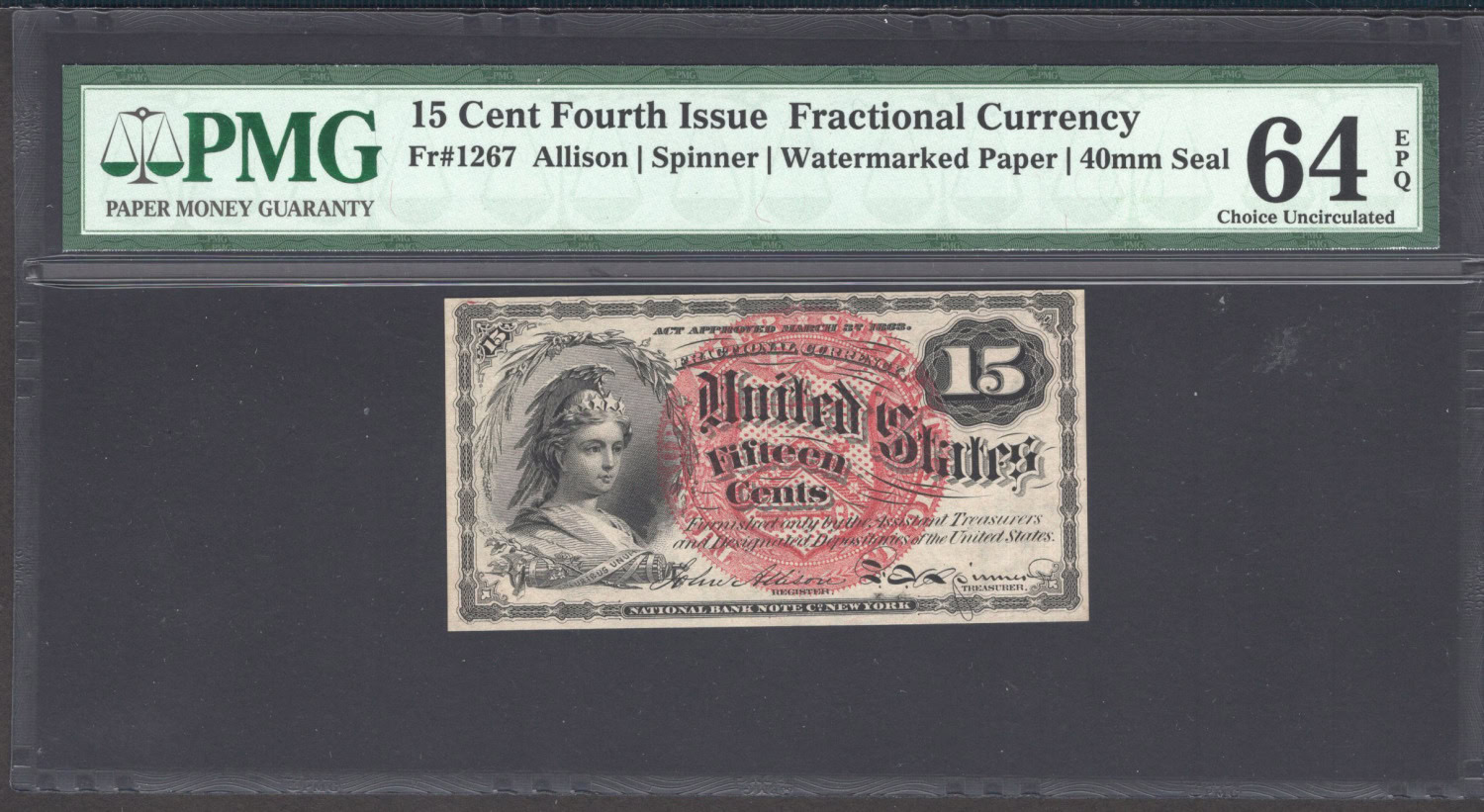 Fr. 1267 Fourth Issue 15 Cents Fractional Currency Note Allison ...