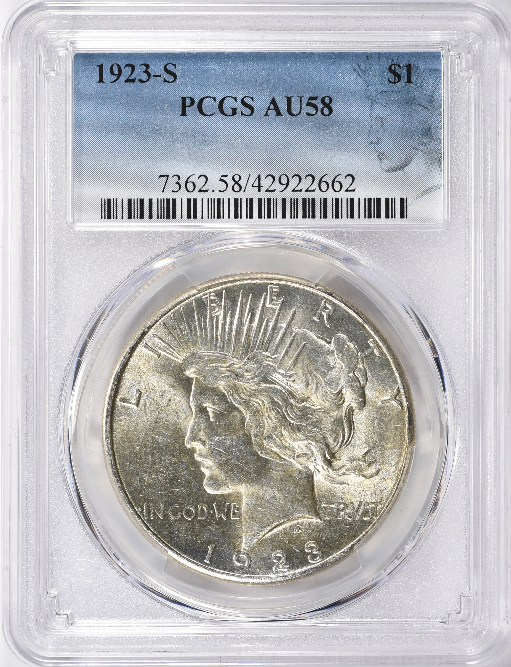 1923-S Peace Silver Dollar PCGS AU-58 (Peace Silhouette Label) (Item 1375365) | GreatCollections ...