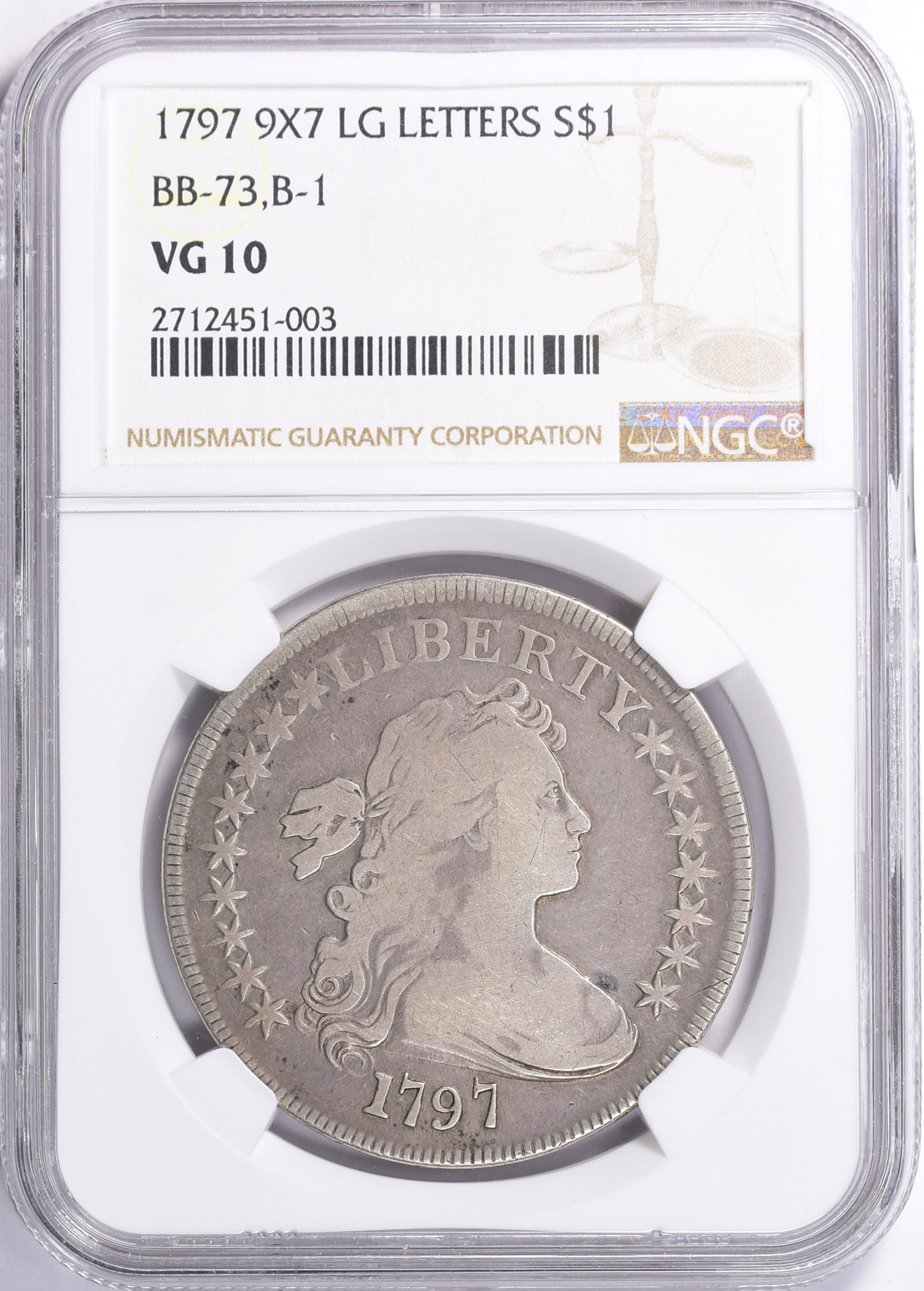 1797 Draped Bust Silver Dollar 9x7 Stars, Large Letters BB-73, B-1 NGC ...