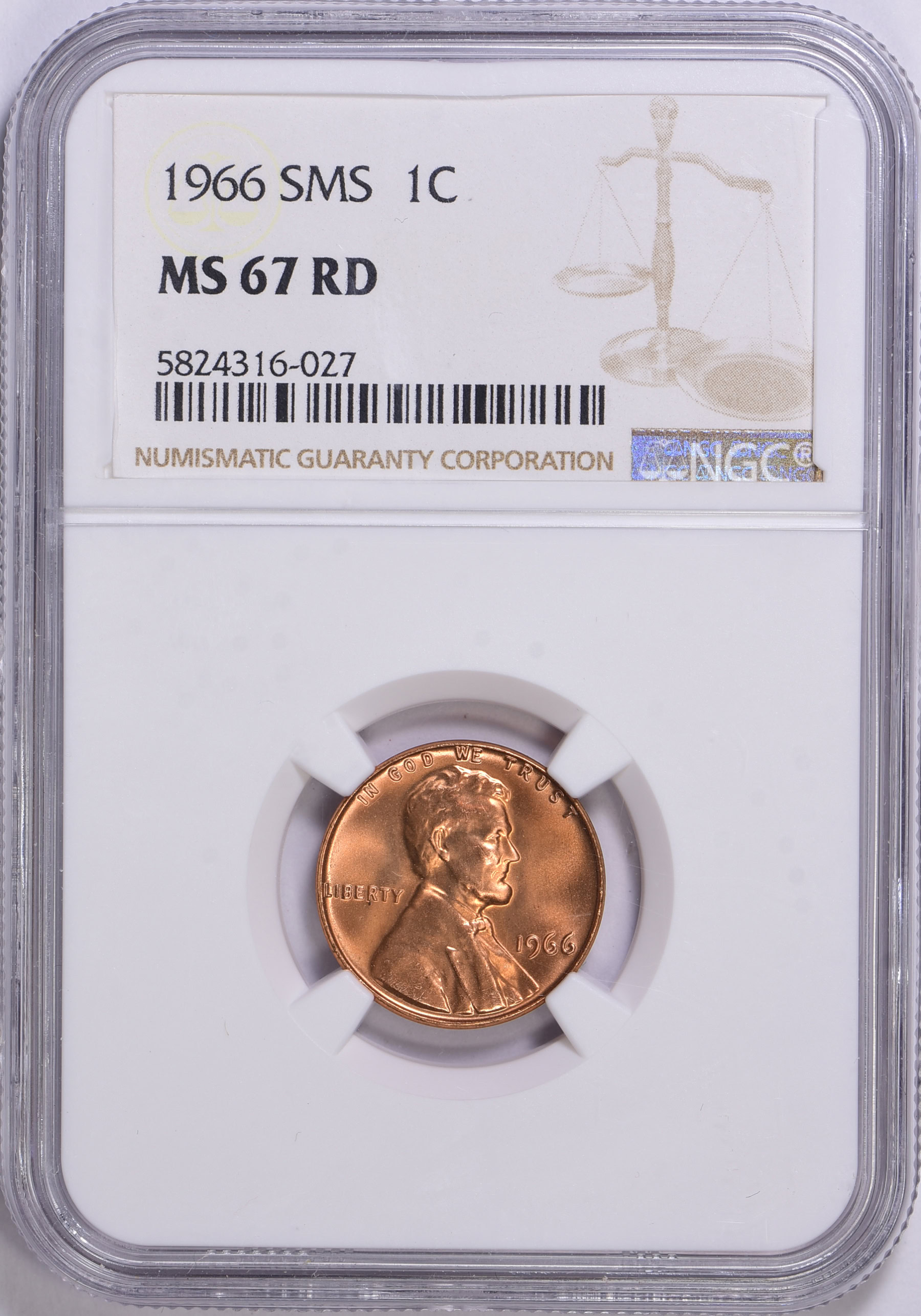 1966 Lincoln Cent SMS NGC MS-67 RD (Item 1412619) | GreatCollections ...