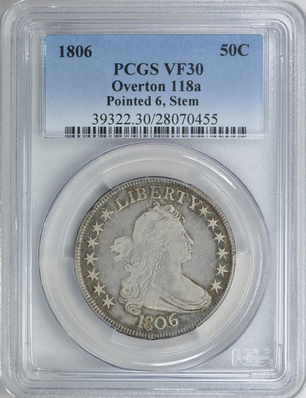 1806 Draped Bust Half Dollar Overton 118a Pointed 6, Stem Through Claw PCGS VF-30 (Toned) (Item ...