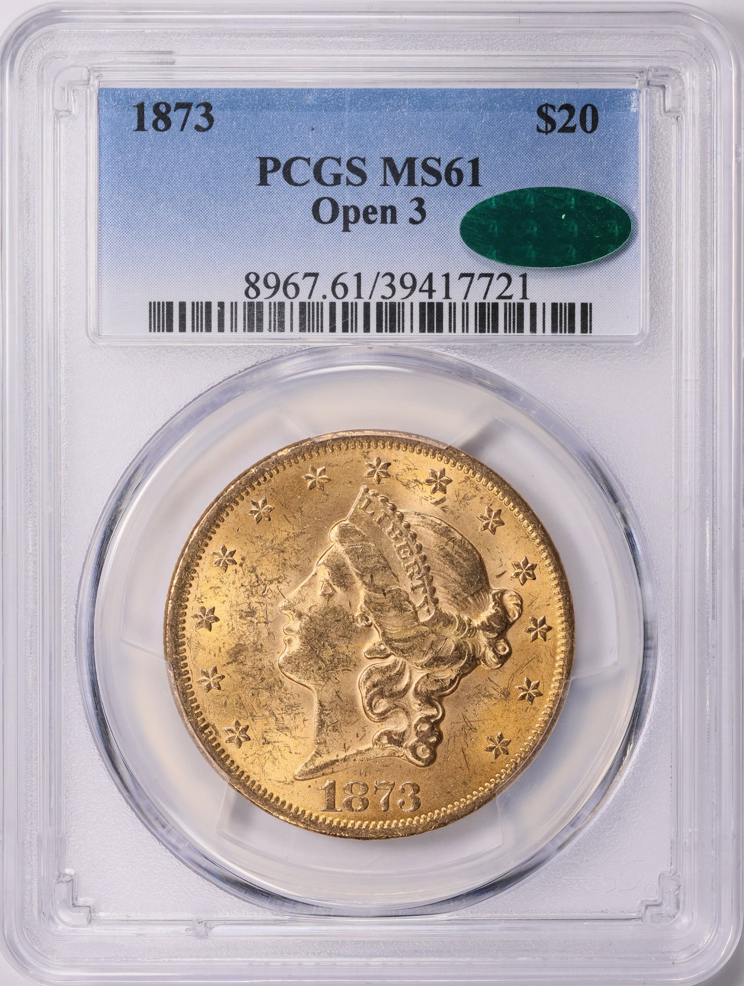 1873 Liberty Gold Double Eagle Open 3 PCGS MS-61 (CAC Green) (Item 1453765) | GreatCollections ...