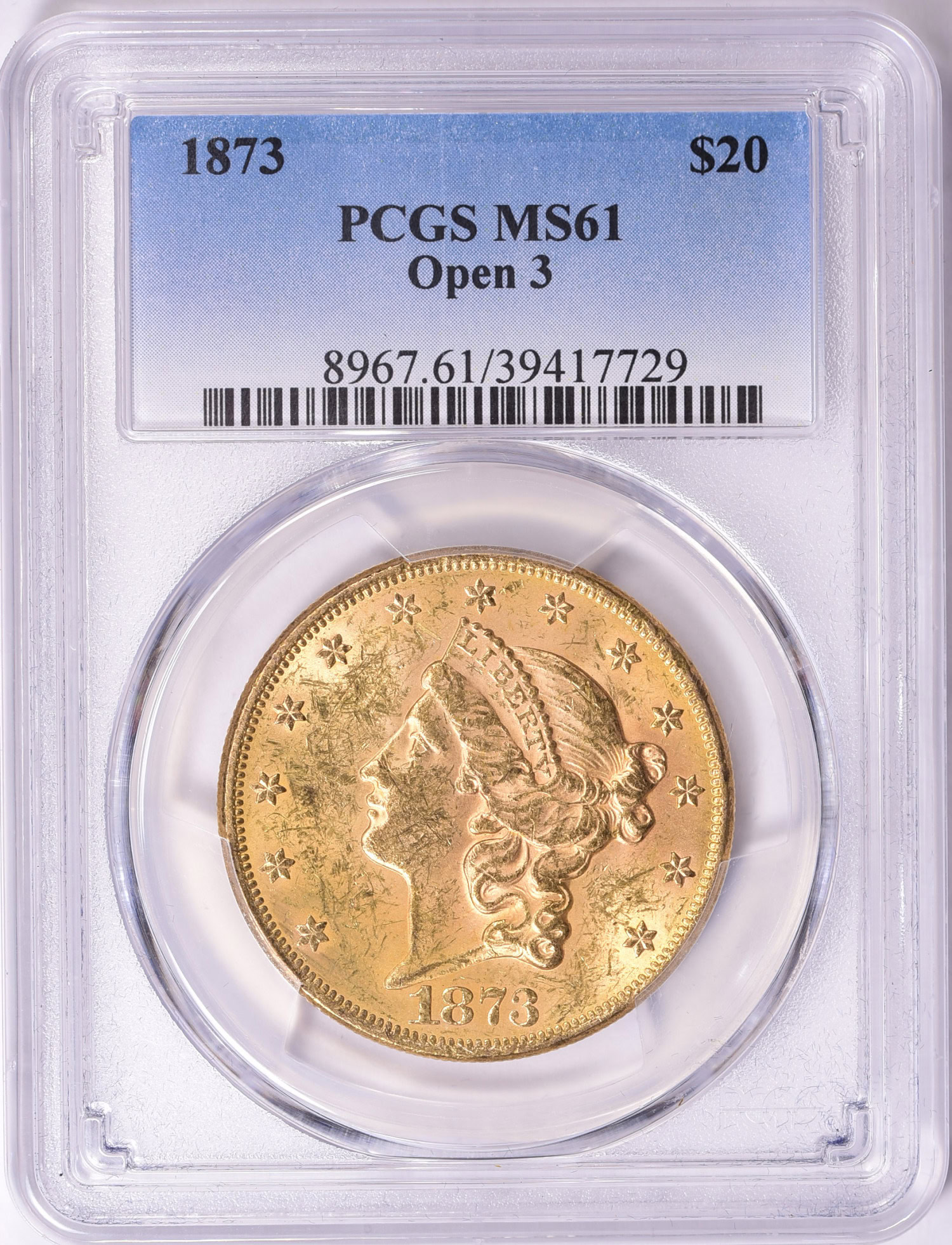 1873 Liberty Gold Double Eagle Open 3 PCGS MS-61 (Item 1463506) | GreatCollections Coin Auctions