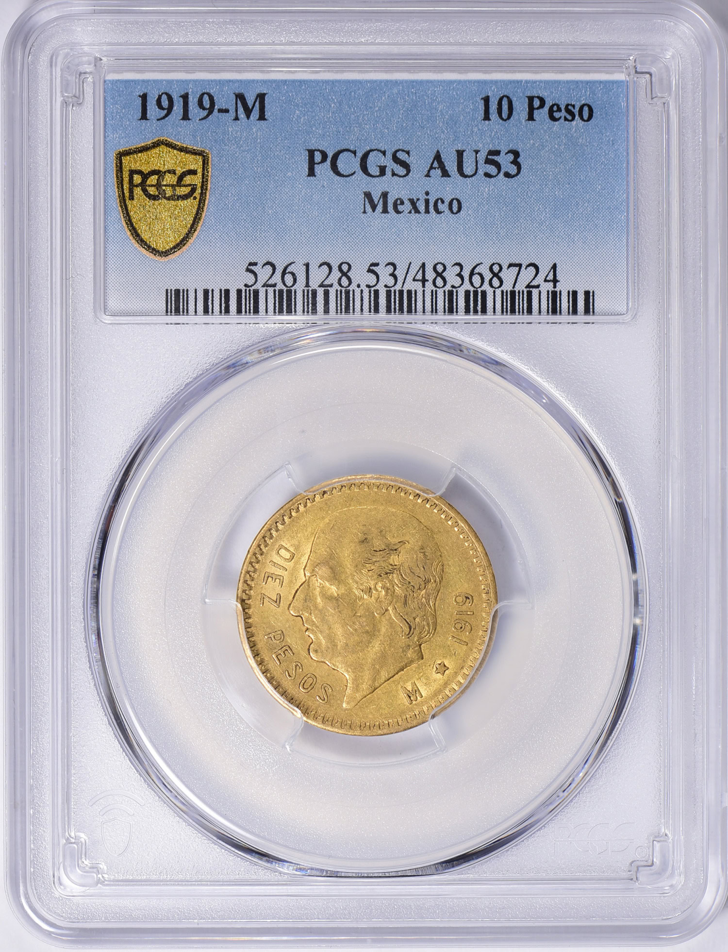 Mexico 1919-M Gold 10 Peso KM-473 PCGS AU-53 (AGW = 0.2411 Oz.) (Item ...