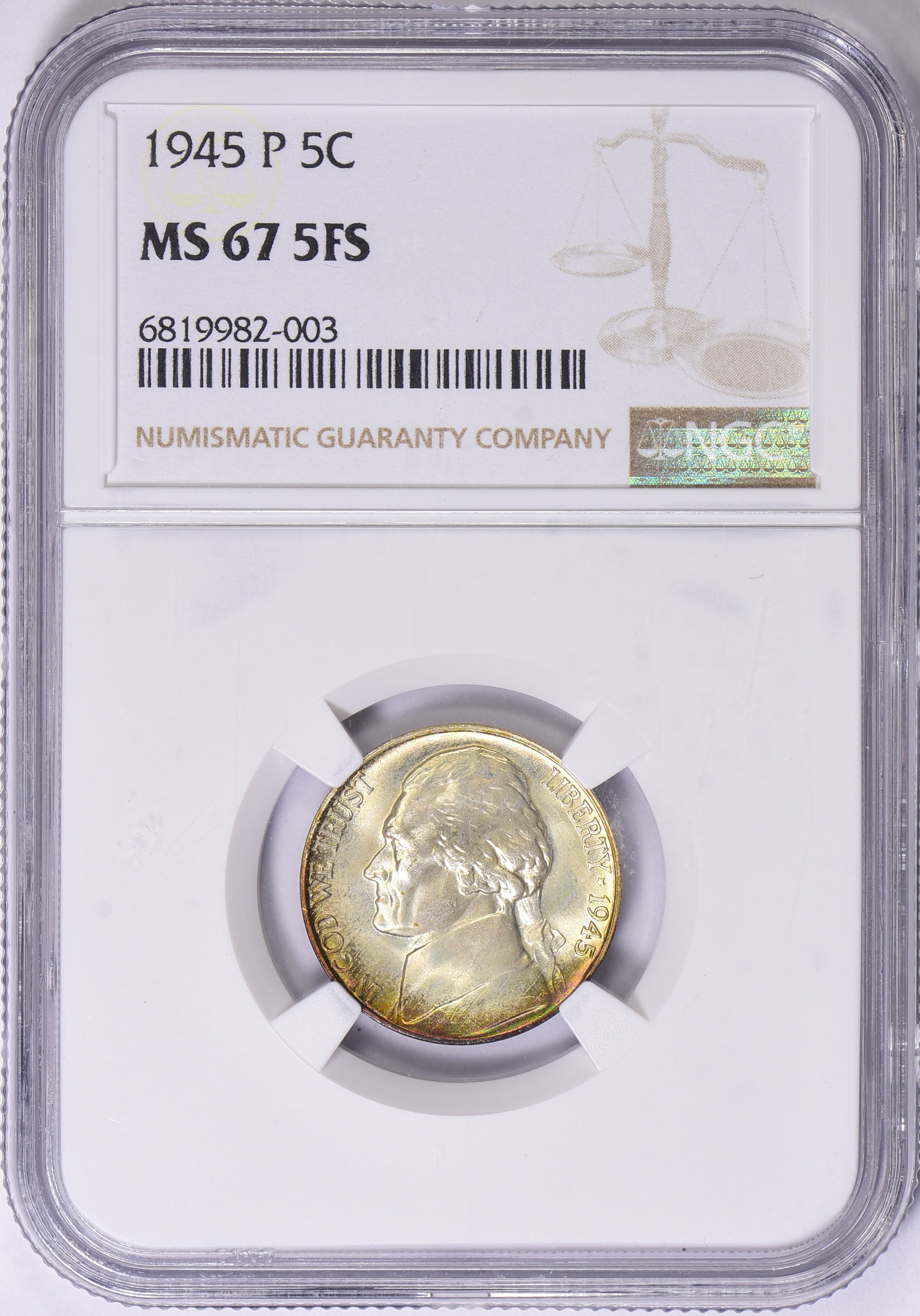 1945-P Jefferson Nickel NGC MS-67 5FS (Toned) (Item 1487984) | GreatCollections Coin Auctions