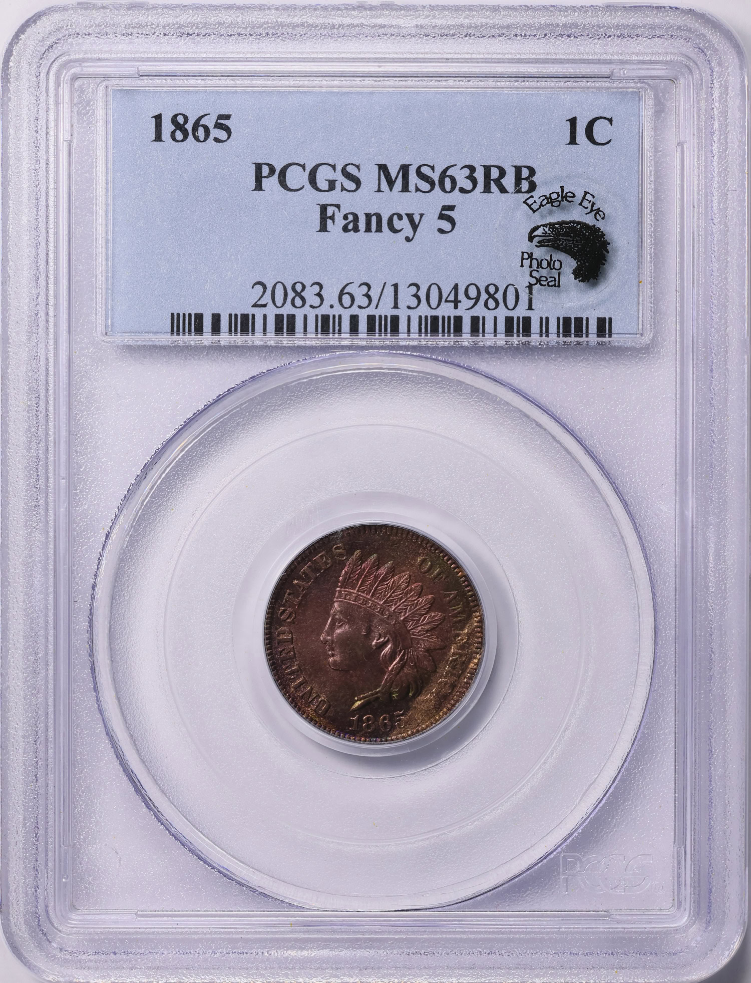 1865 Indian Cent Fancy 5 PCGS MS-63 RB (Eagle Eye Seal) (Toned) (Item 1491195 ...