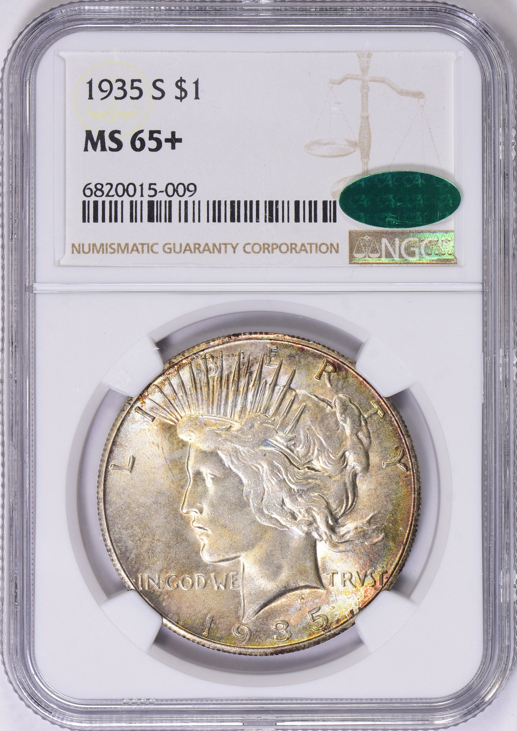 1935-S Peace Silver Dollar NGC MS-65+ (CAC Green) (Toned) (Item 1492672) | GreatCollections Coin ...