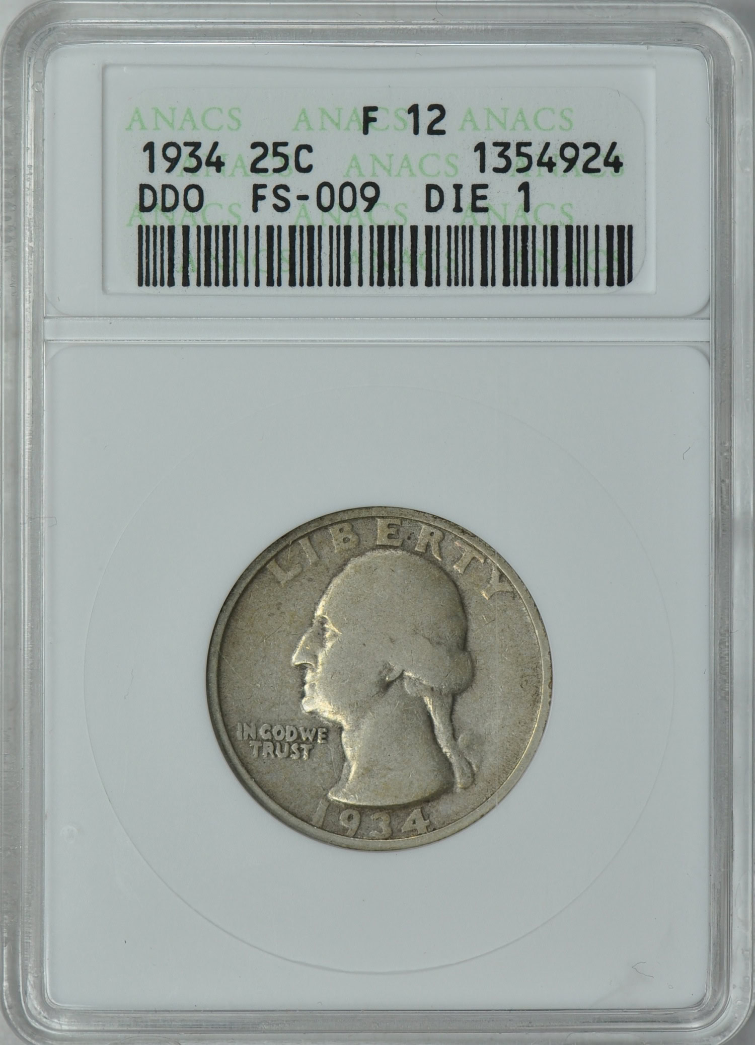 1934 Washington Quarter Doubled Die Obverse FS-009 Die 1 ANACS F-12 OH (Item 149932 ...