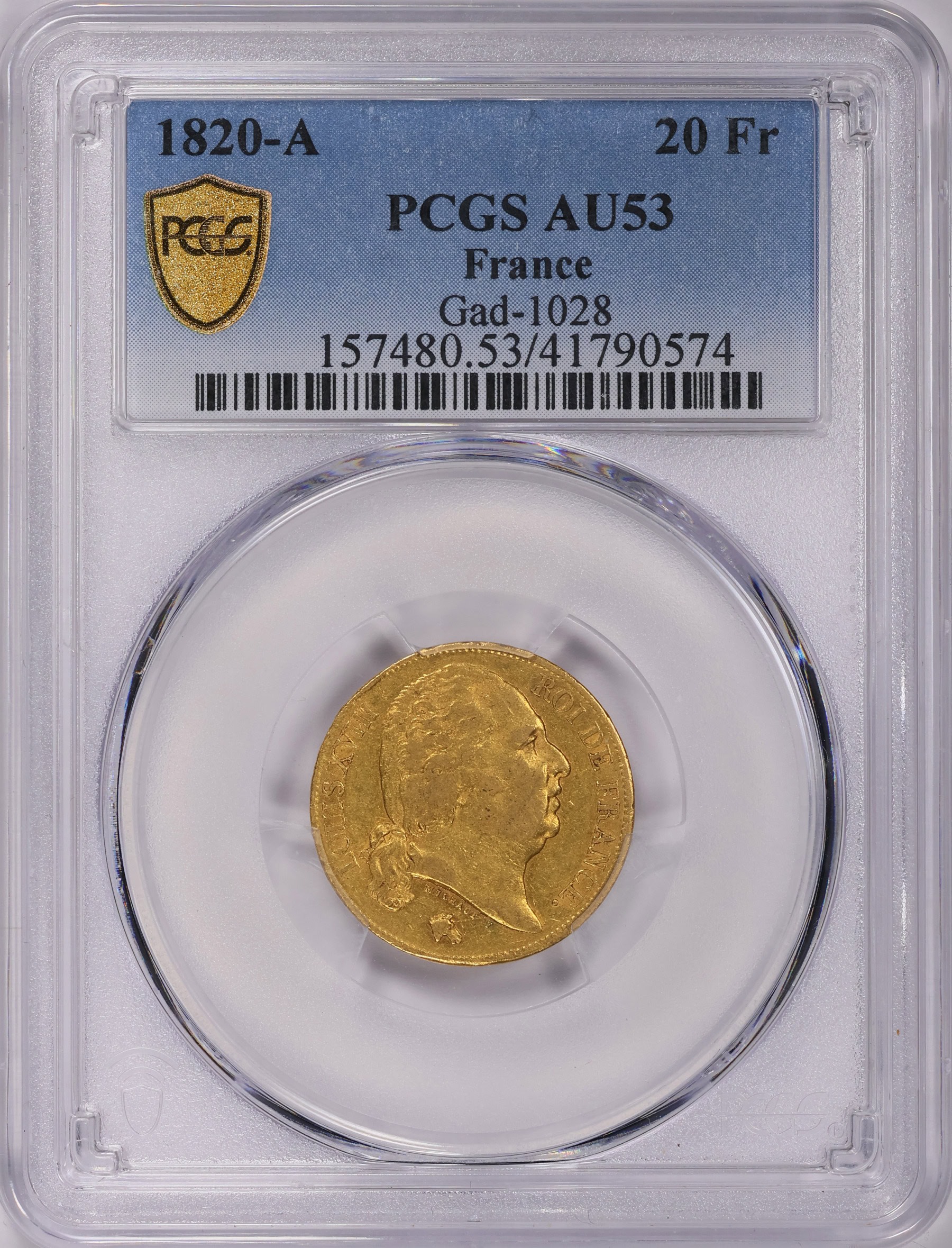 France 1820-A Gold 20 Francs Gad-1028 PCGS AU-53 (AGW = 0.1867 oz.) (Item 1500898 ...