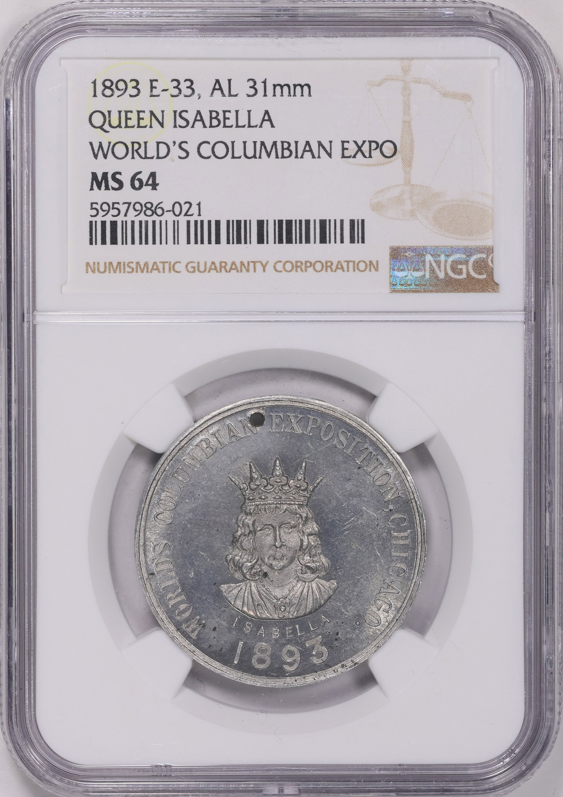 1893 Chicago, Illinois Aluminum 33mm World's Columbian Exposition Queen ...