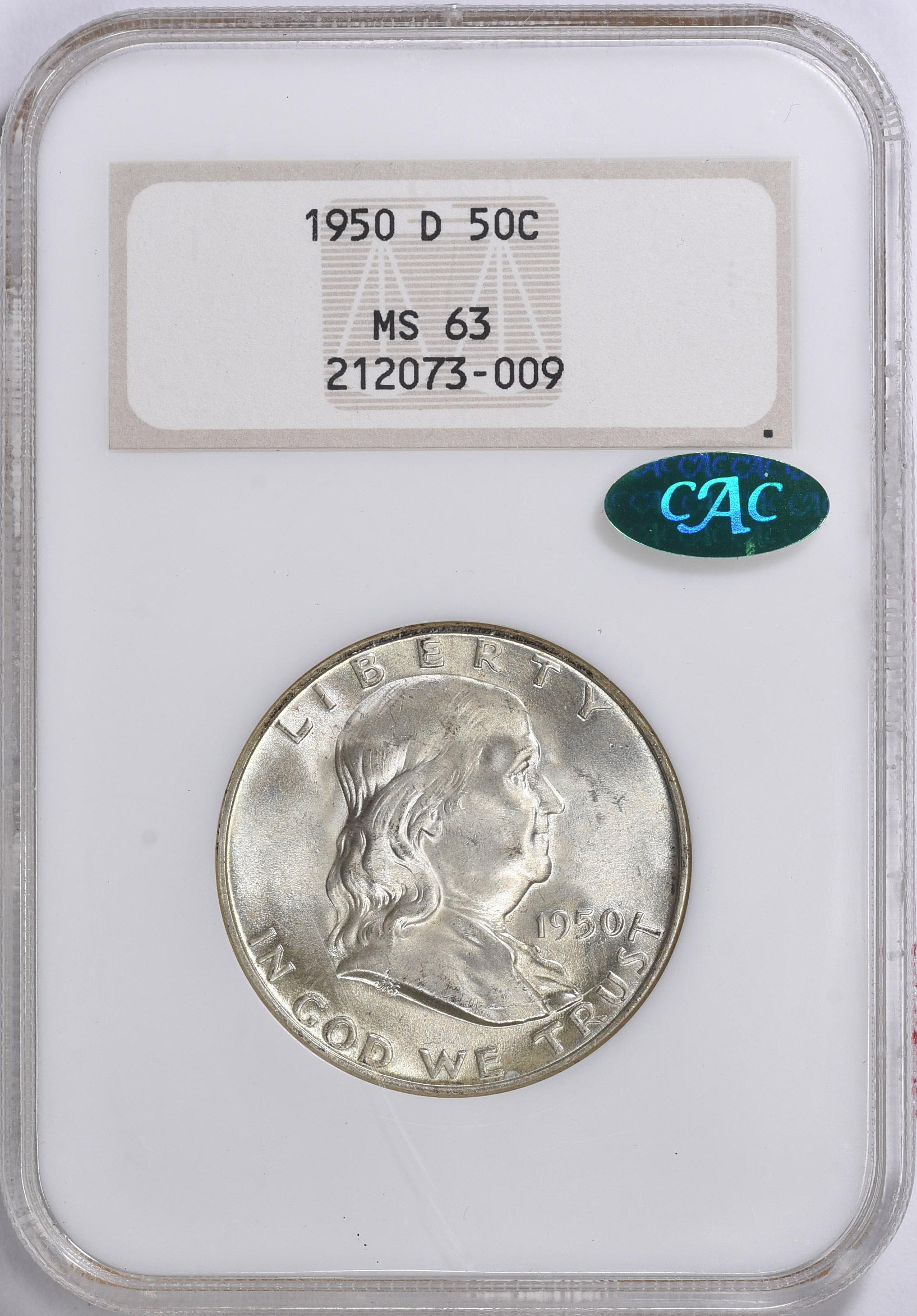 1950-D Franklin Half Dollar NGC MS-63 (CAC Green) OH (Item 1528920) | GreatCollections Coin Auctions