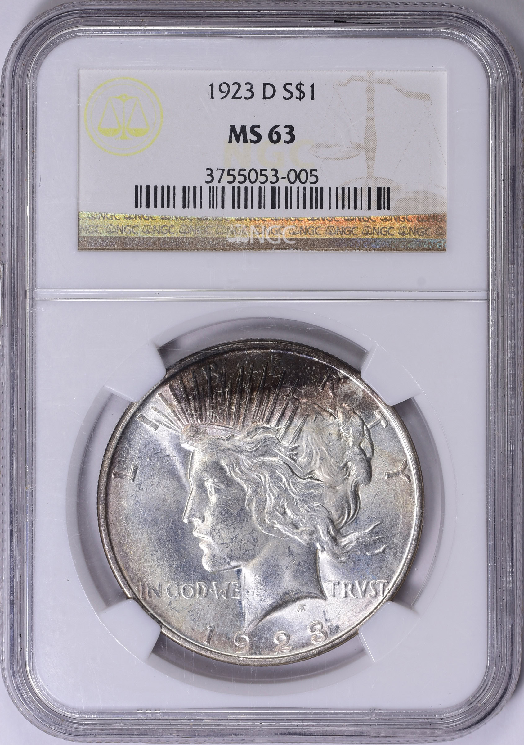 1923-D Peace Silver Dollar NGC MS-63 (Toned) (Item 1529904) | GreatCollections Coin Auctions