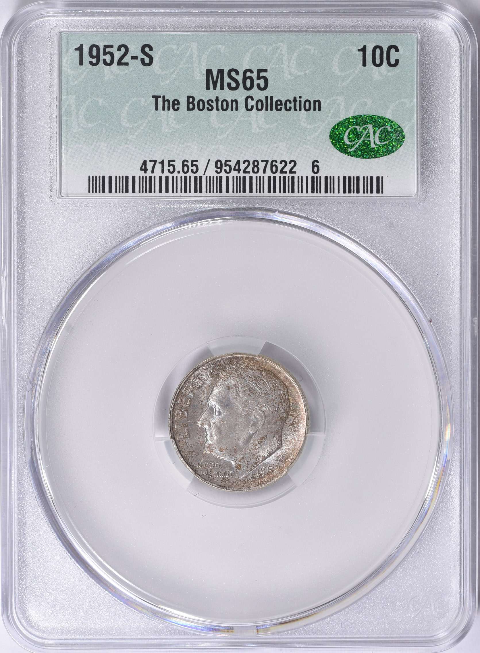 1952-S Roosevelt Dime CACG MS-65 (Toned) (The Boston Collection) (Item ...