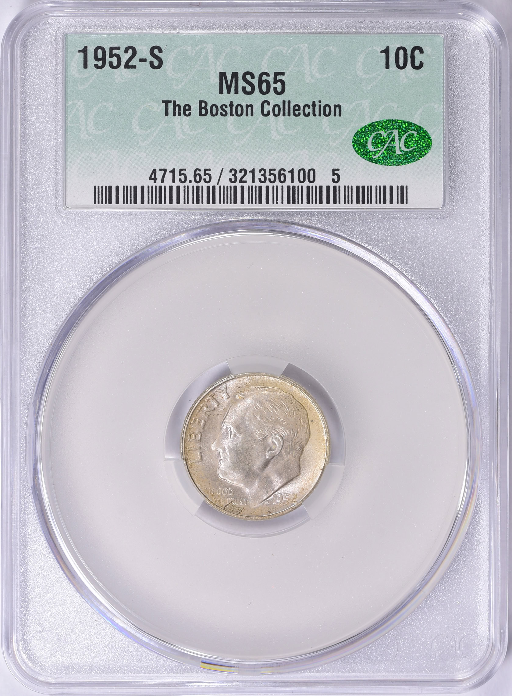 1952-S Roosevelt Dime CACG MS-65 (Toned) (The Boston Collection) (Item ...