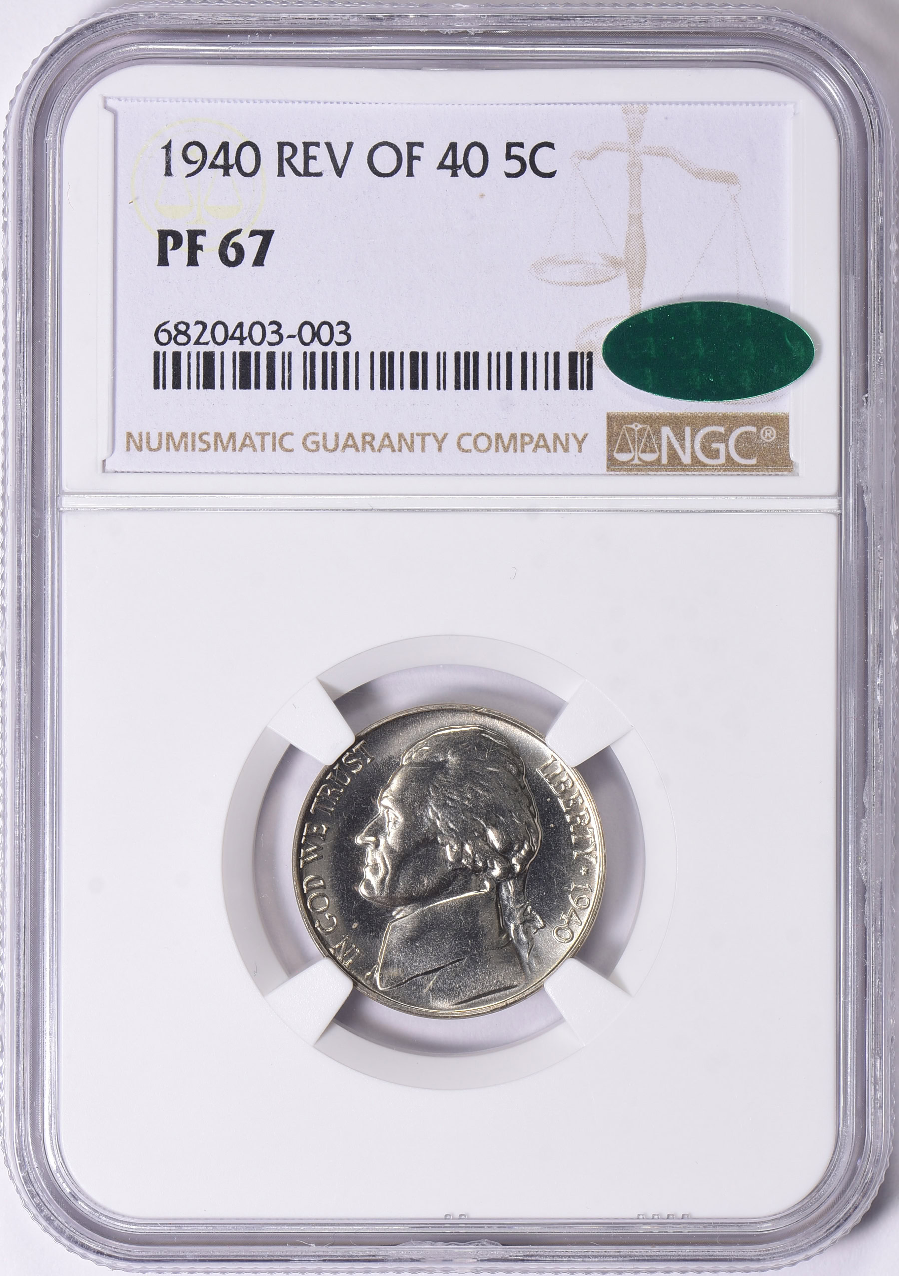 1940 Jefferson Nickel NGC Proof-67 (CAC Green) (Toned) (Item 1549280 ...