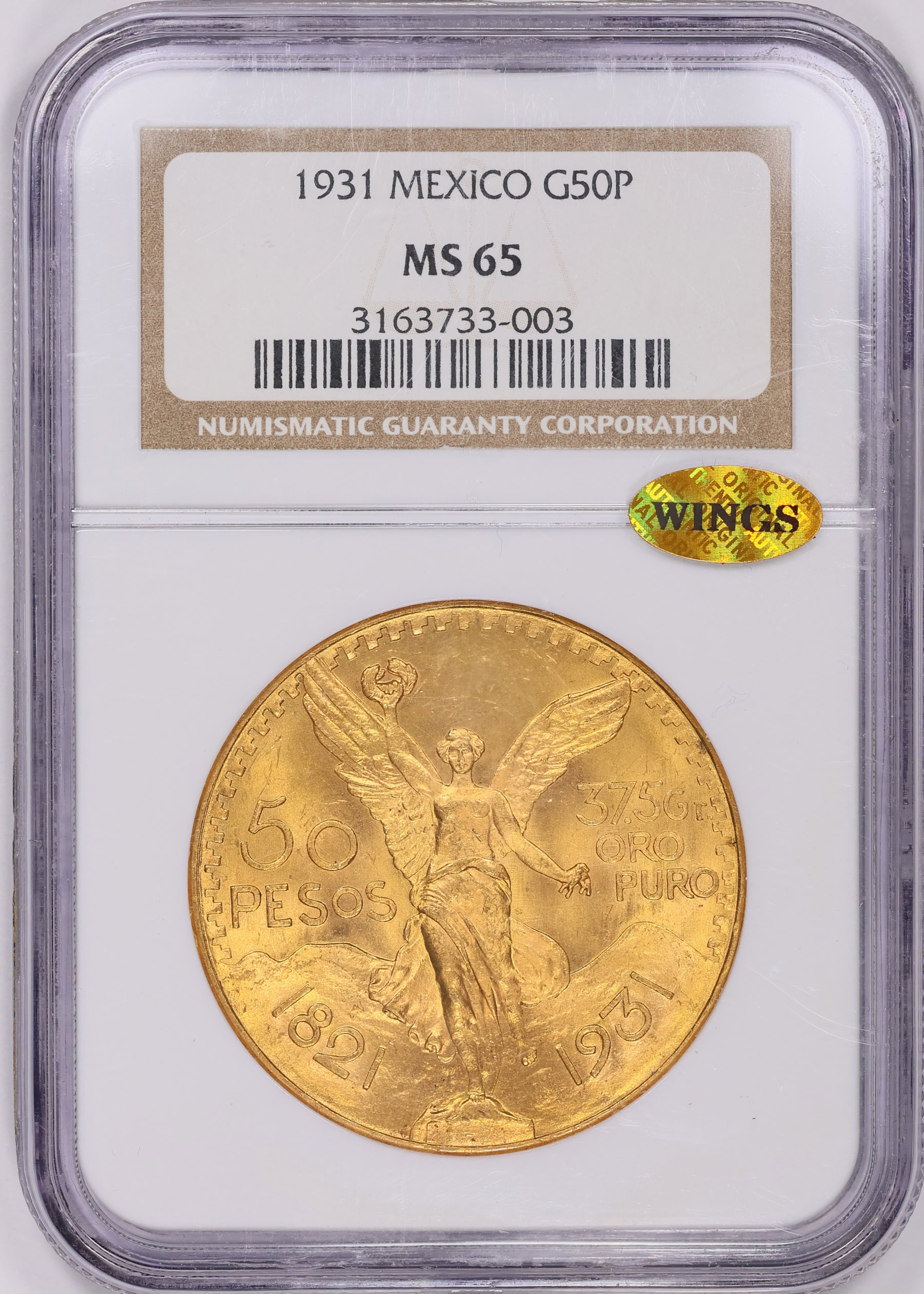 Mexico 1931 Gold 50 Pesos KM-481 NGC MS-65 (AGW = 1.2057 Oz.) (WINGS) (Item 1556097 ...