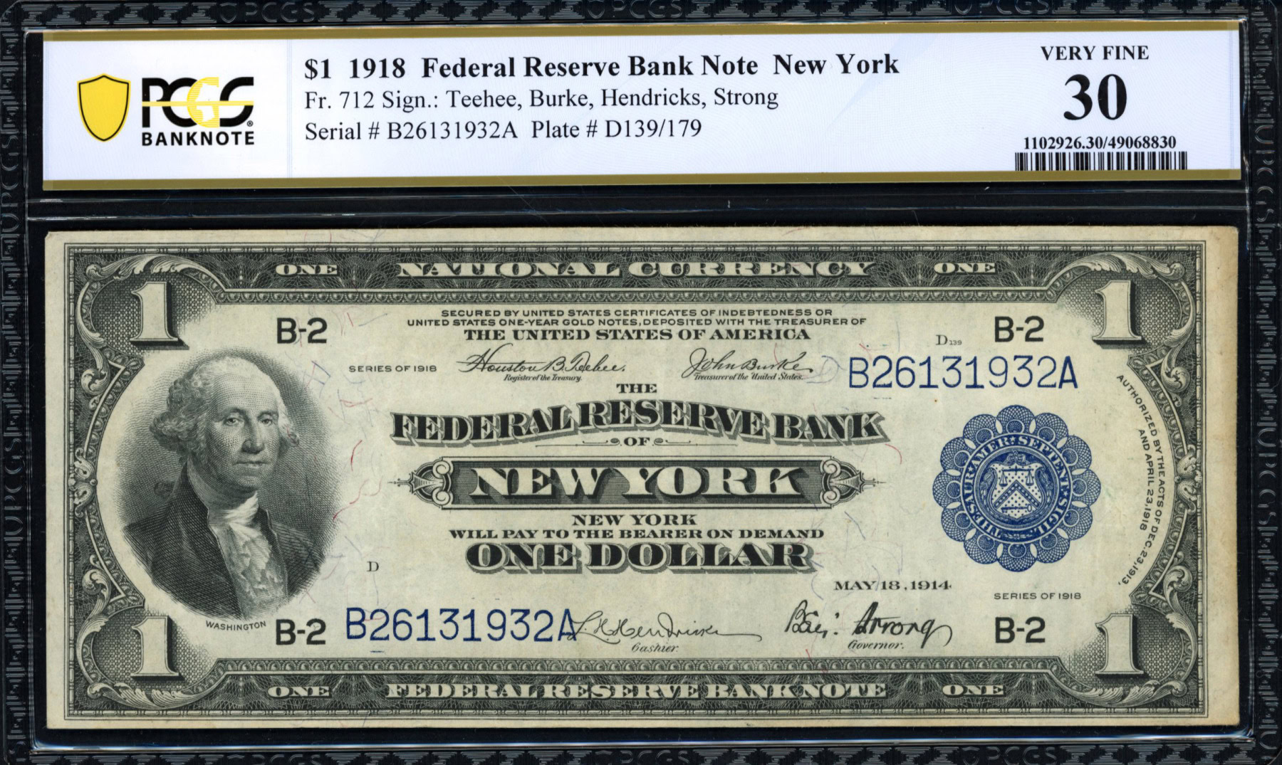 Fr. 712 1918 $1 New York Federal Reserve Bank Note Teehee / Burke ...