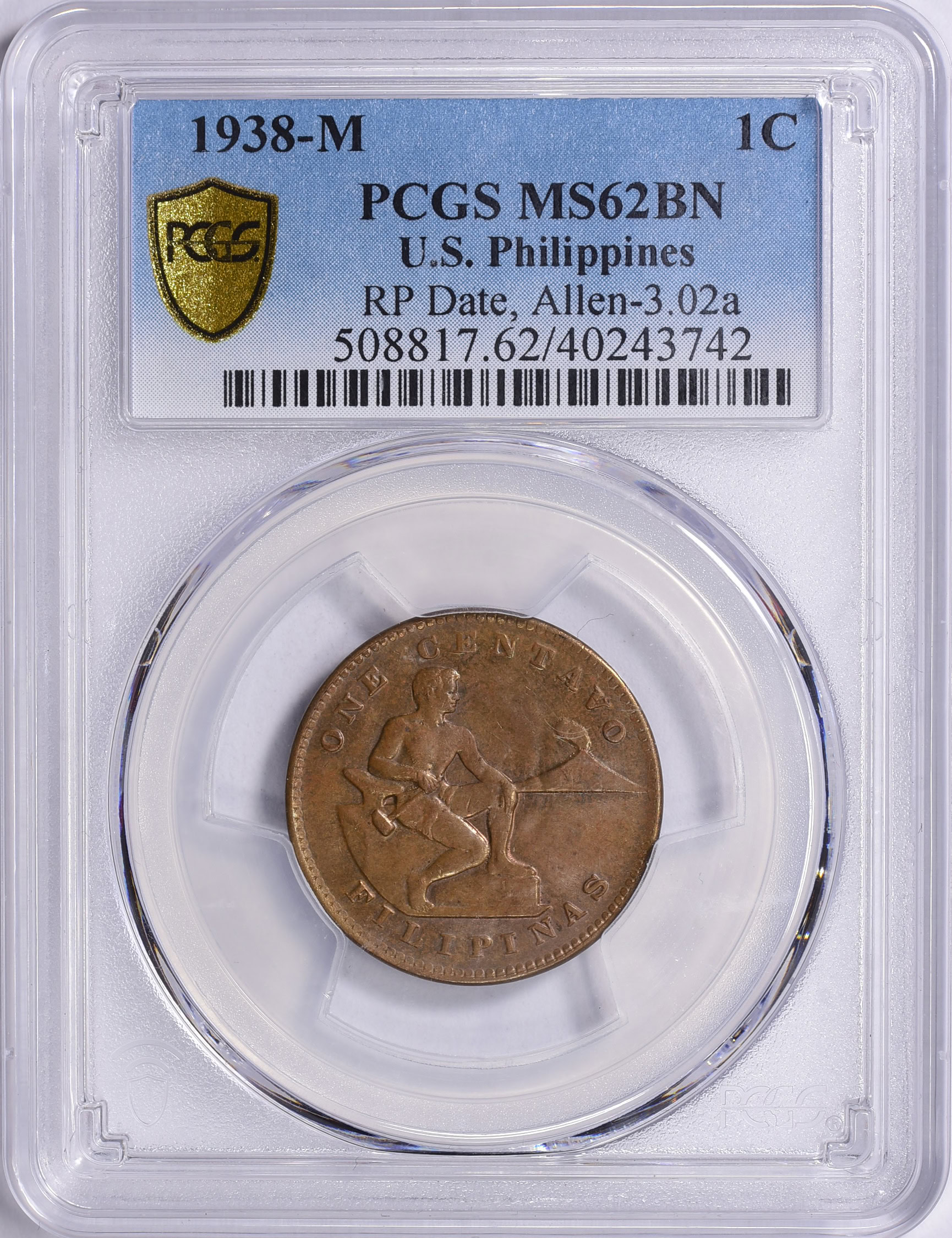 1938-M U.S. Philippines One Centavo RP Date, Allen-3.02a PCGS MS-62 BN (Item 1560176 ...
