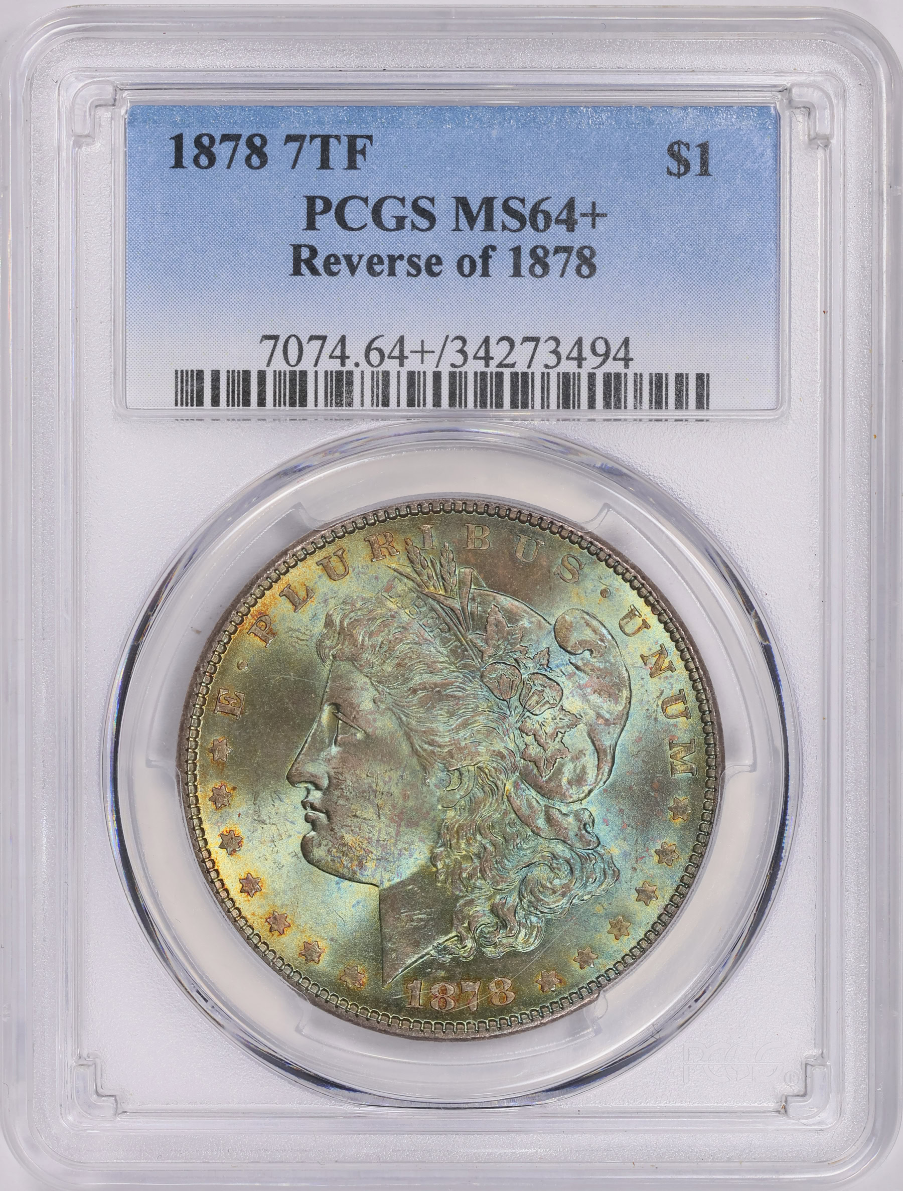 1878 Morgan Silver Dollar 7 Tailfeathers, Reverse of 1878 PCGS MS-64+ (Toned) (Item 1563003 ...