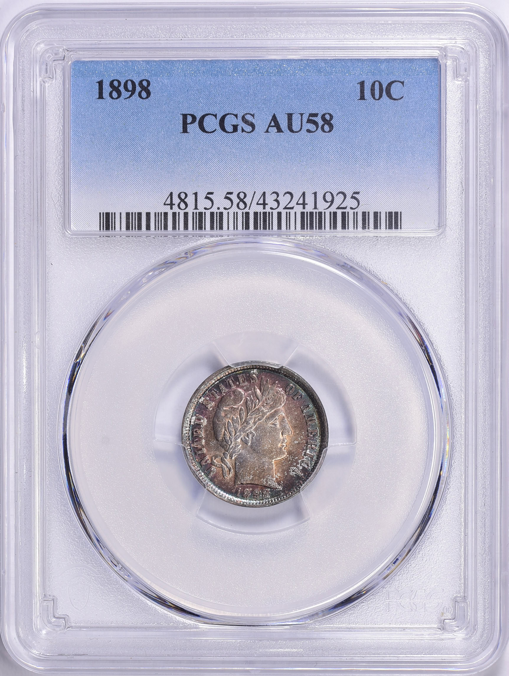 1898 Barber Dime PCGS AU-58 (Toned) (Item 1563180) | GreatCollections Coin Auctions
