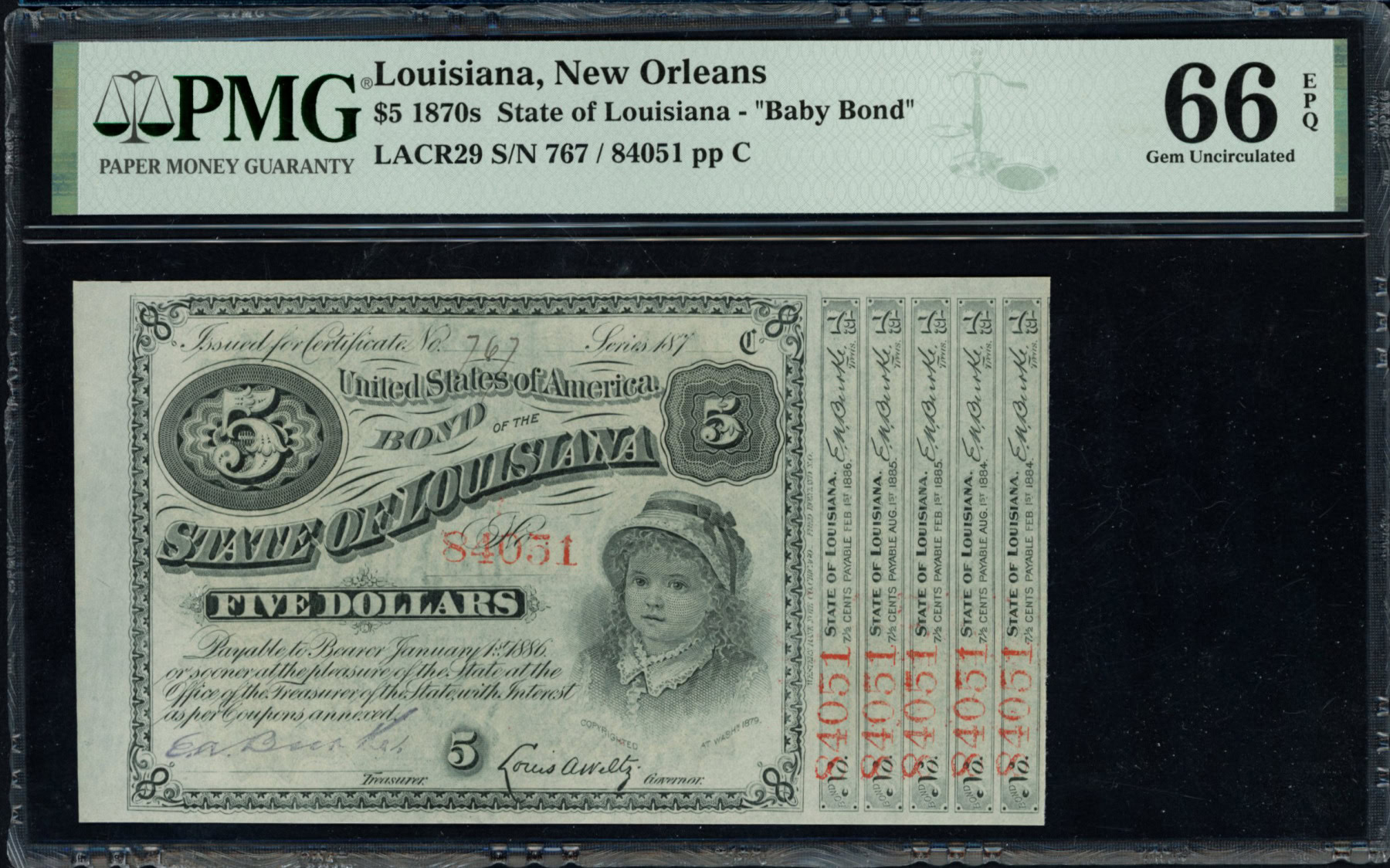 1870s New Orleans, Louisiana State of Louisiana $5 Baby Bond Note PMG ...