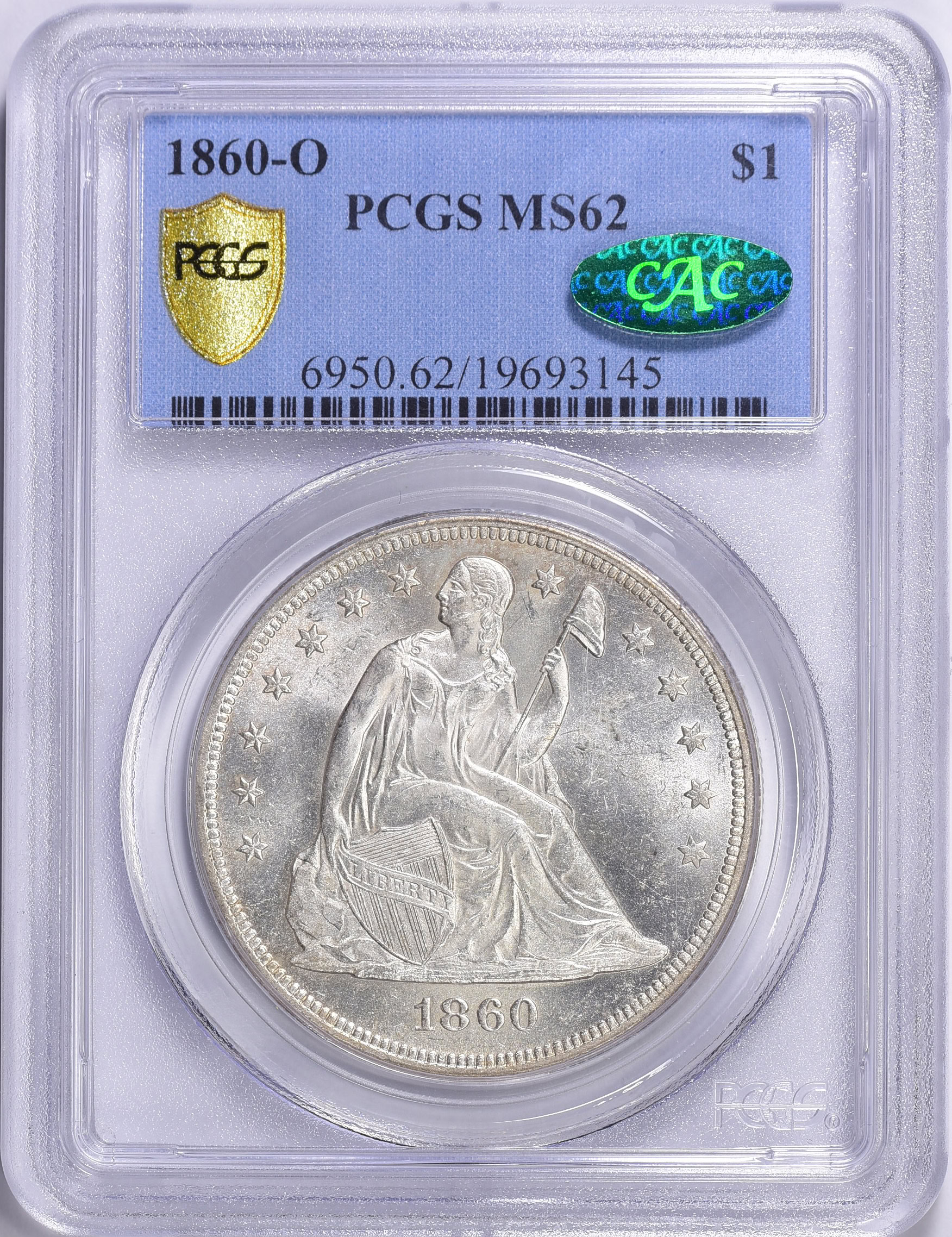 1860-O Seated Liberty Silver Dollar PCGS MS-62 (CAC Green) (Item 1577098) | GreatCollections ...