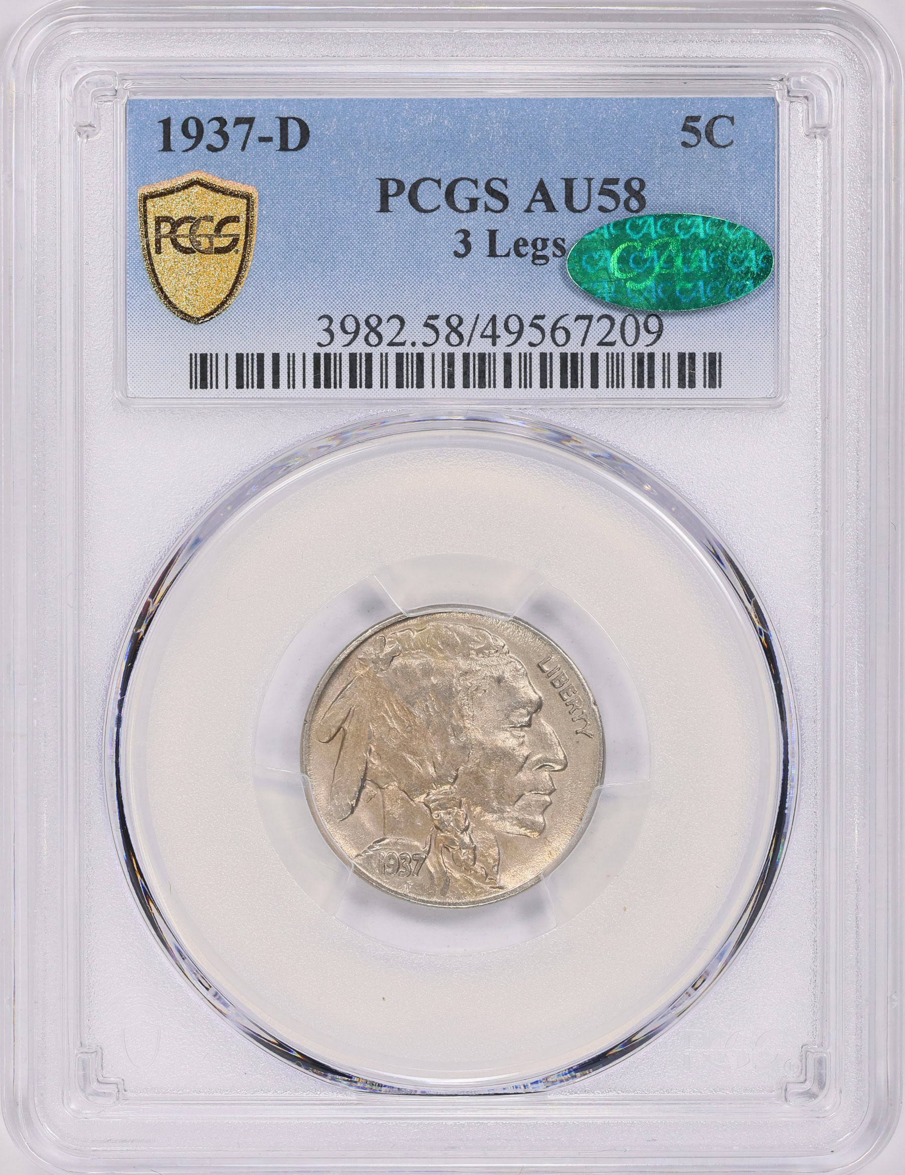 1937-D Buffalo Nickel 3 Legs PCGS AU-58 (CAC Green) (Item 1579964) | GreatCollections Coin Auctions