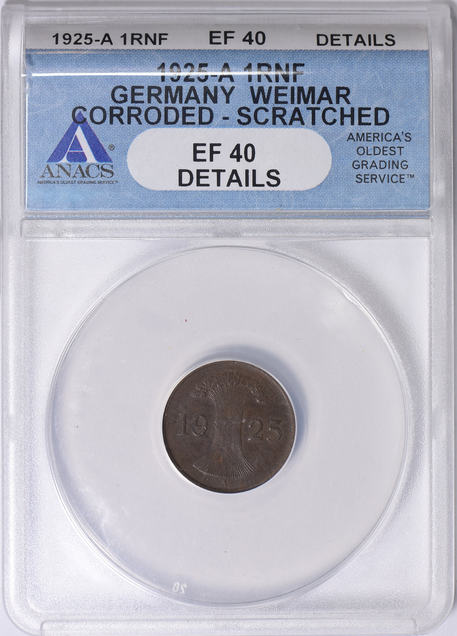 Germany 1925-A Reichspfennig KM-37 ANACS XF-40 Details (Item 1580739 ...