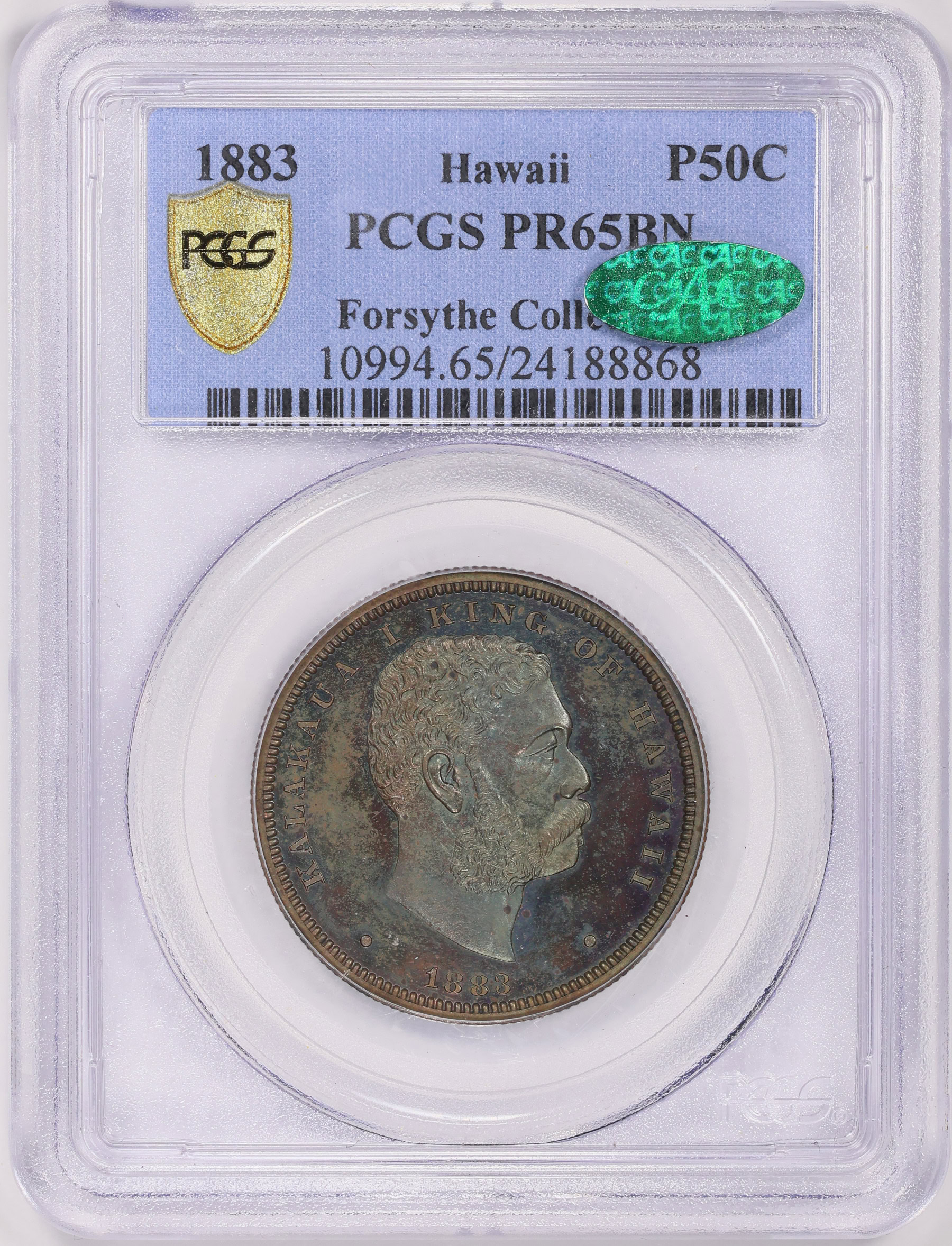 1883 Hawaii Pattern Half Dollar PCGS Proof-65 BN (CAC Green) (Toned) (Forsythe Collection) (Item ...