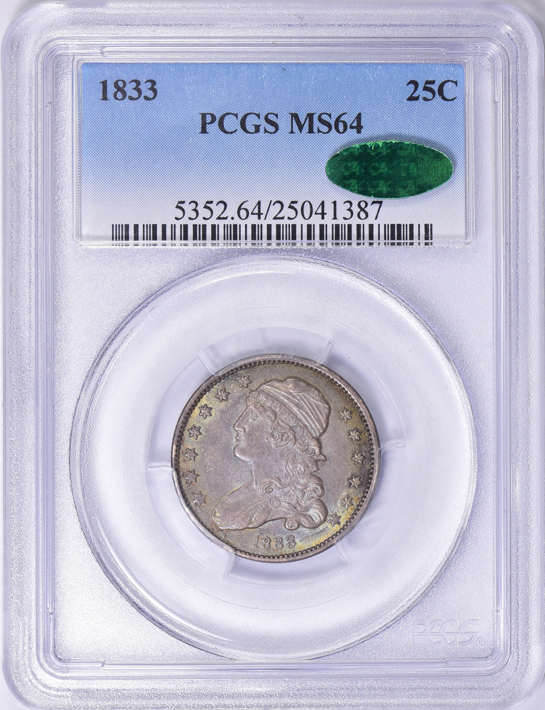1833 Capped Bust Quarter PCGS MS-64 (CAC Green) (Toned) (Item 1582019 ...