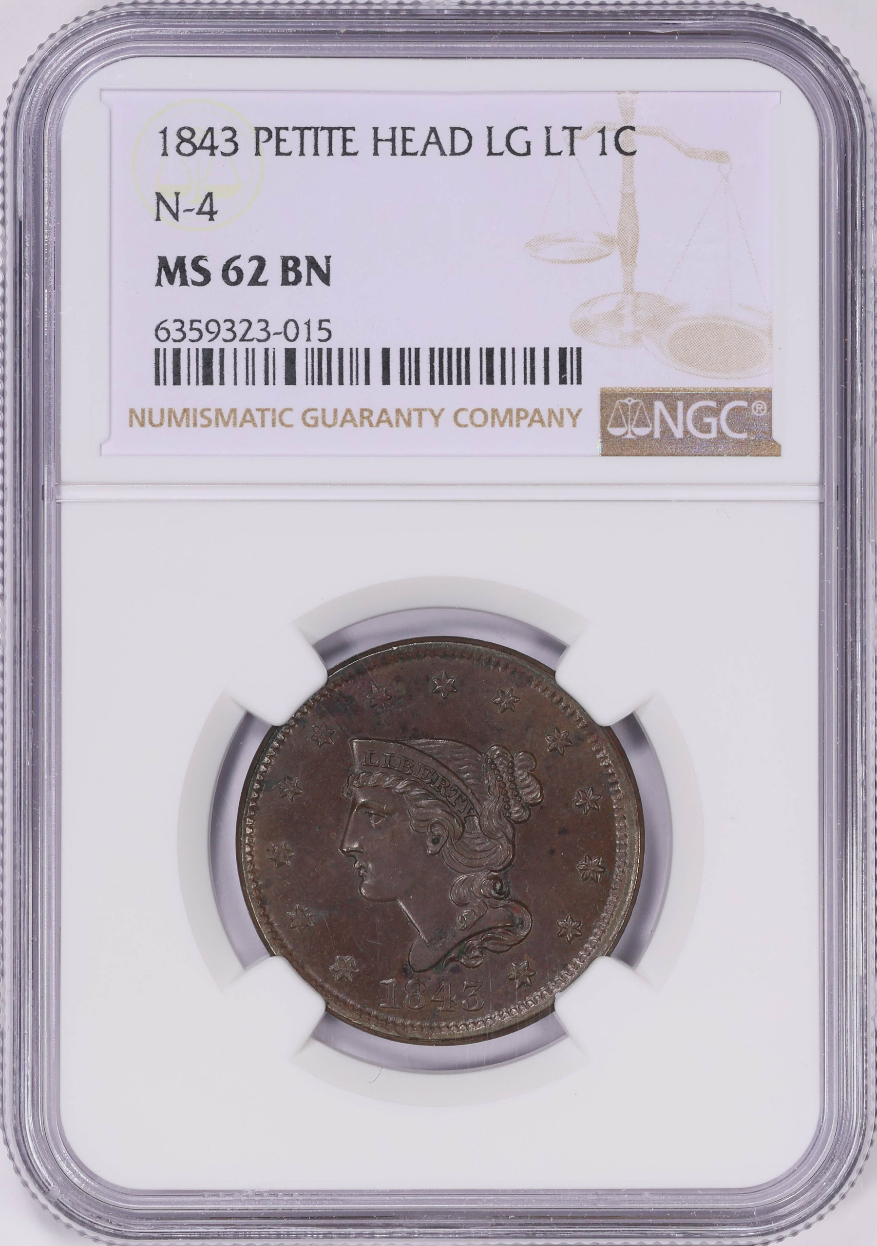 1843 Braided Hair Cent Petite Head, Large Letters Newcomb 4 NGC MS-62 BN (Item 1583802 ...