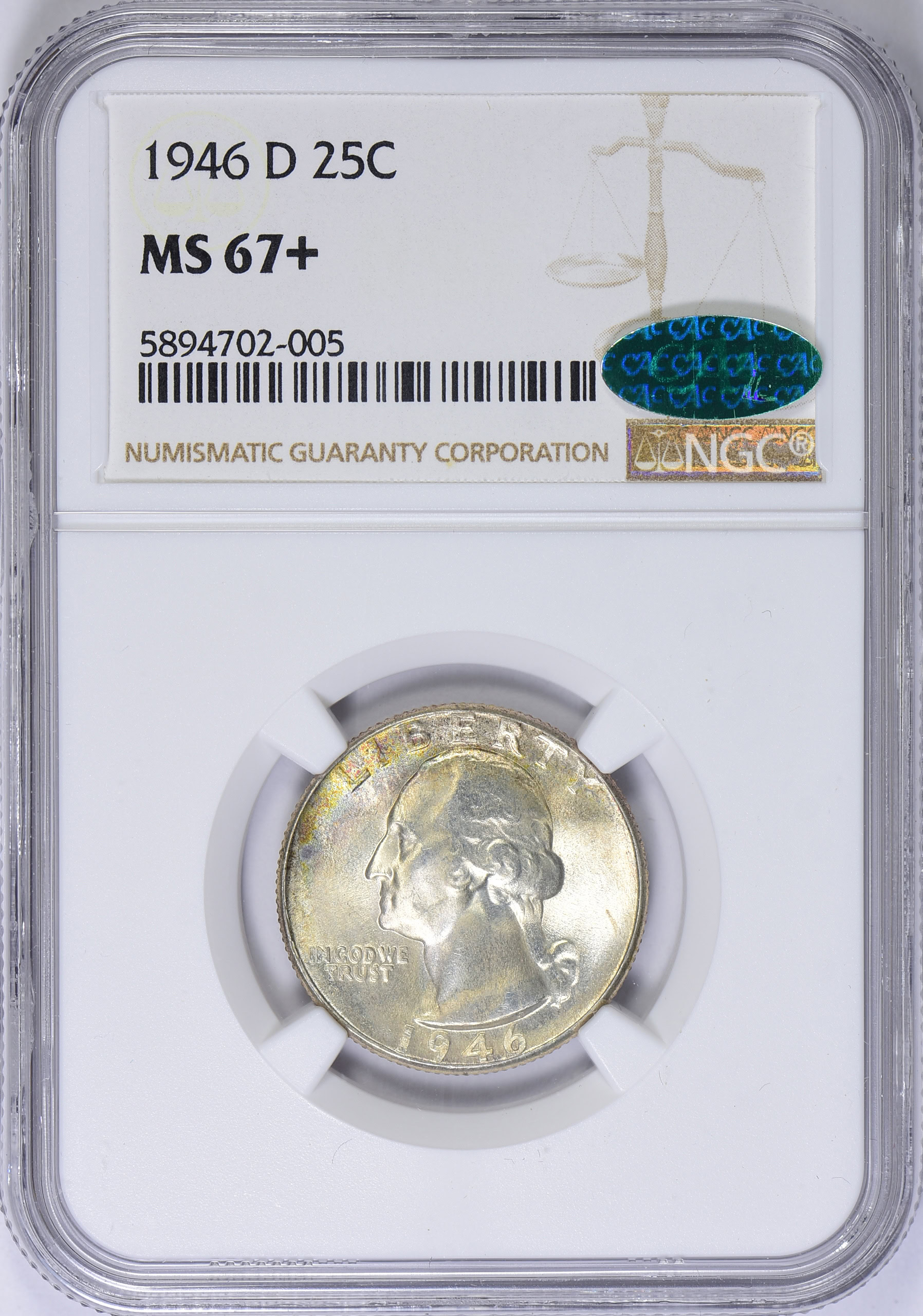 1946-D Washington Quarter NGC MS-67+ (CAC Green) (Toned) (Item 1583918) | GreatCollections Coin ...