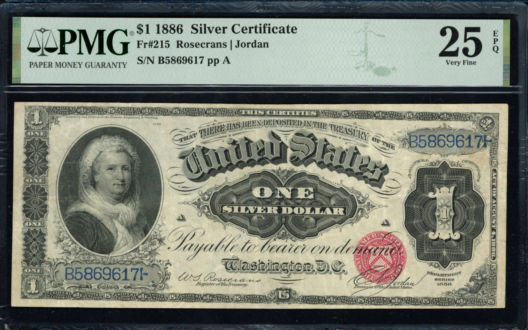 Fr. 215 1886 $1 Silver Certificate Note Rosecrans / Jordan PMG Very ...
