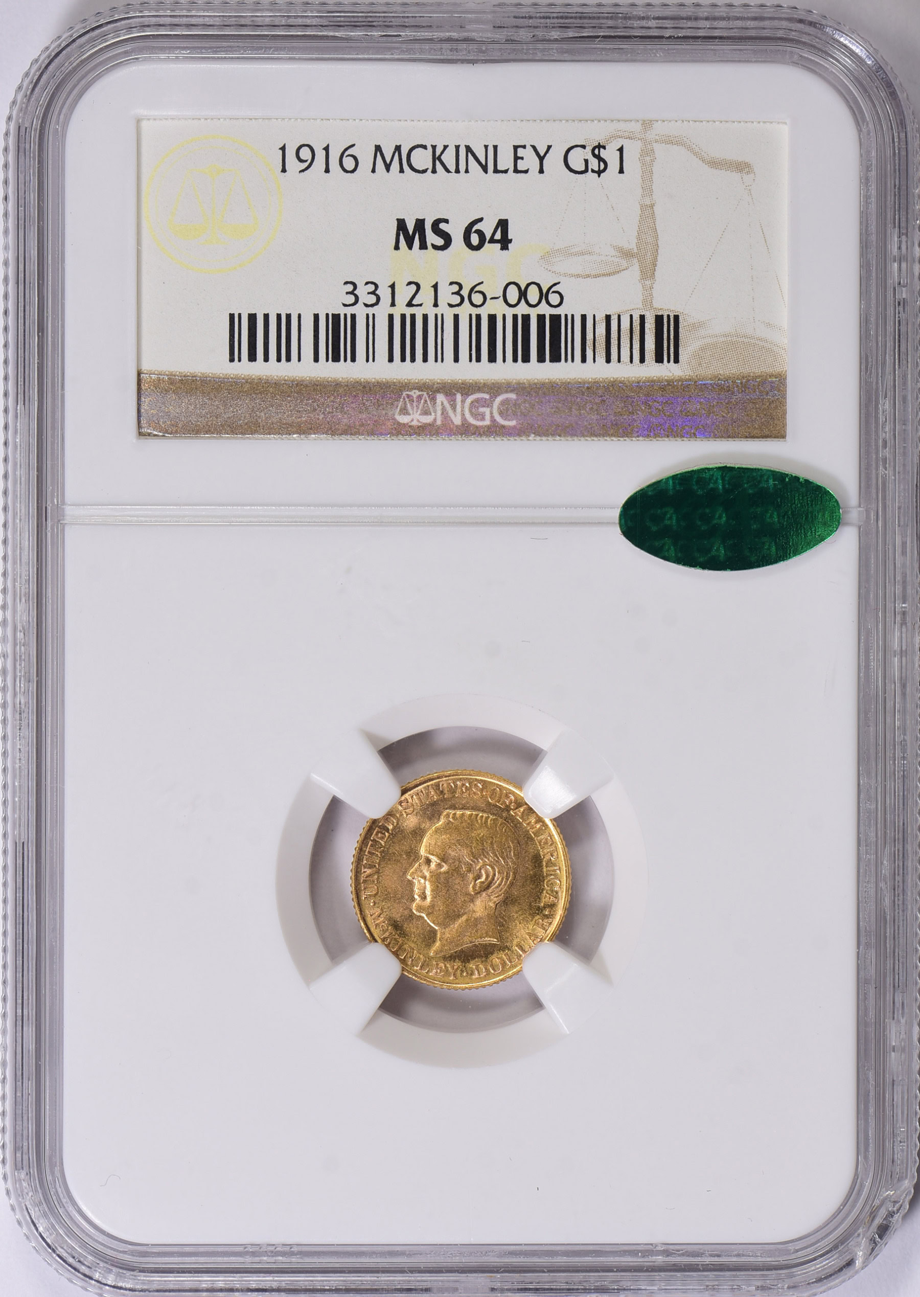 1916 McKinley Gold Dollar NGC MS-64 (CAC Green) (Item 1589102 ...