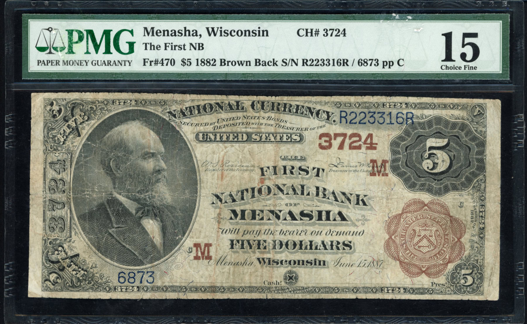 Fr. 470 Menasha, Wisconsin 1882 The First National Bank $5 Brown Back ...